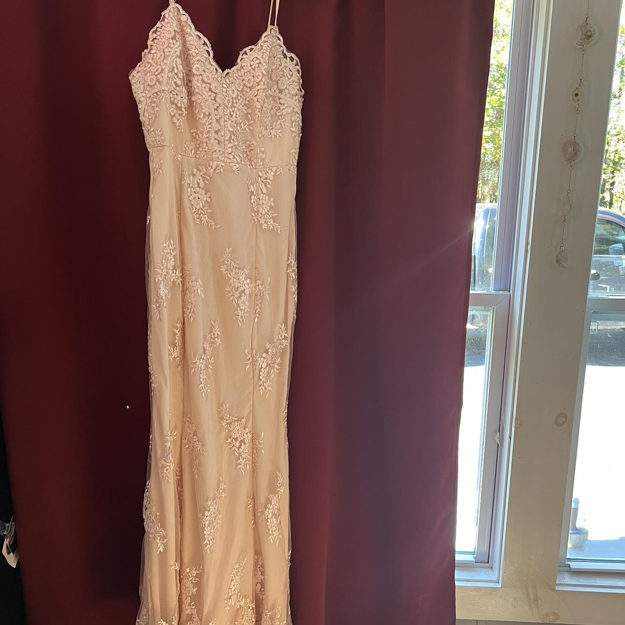 Pink lace maxi dress with corset back and spaghetti... - Depop