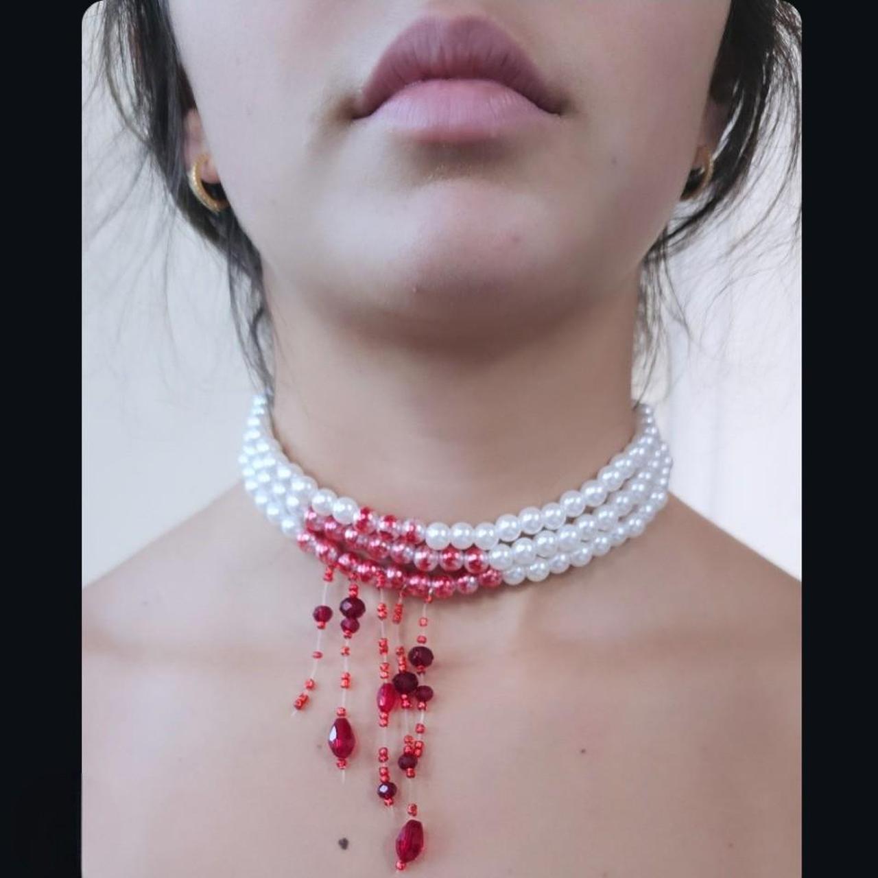 Vintage 3-row choker with "blood"-stained faux... | Depop
