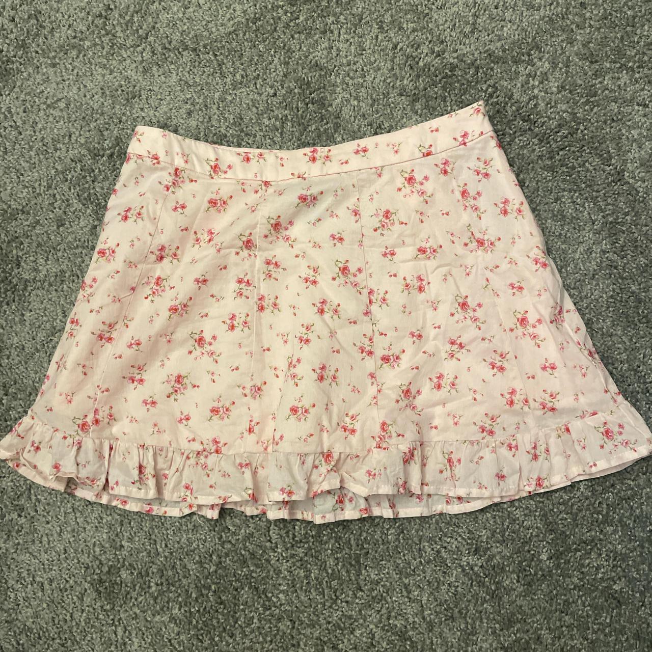 medium pink floral ruffle skirt miniskirt #coquette... - Depop