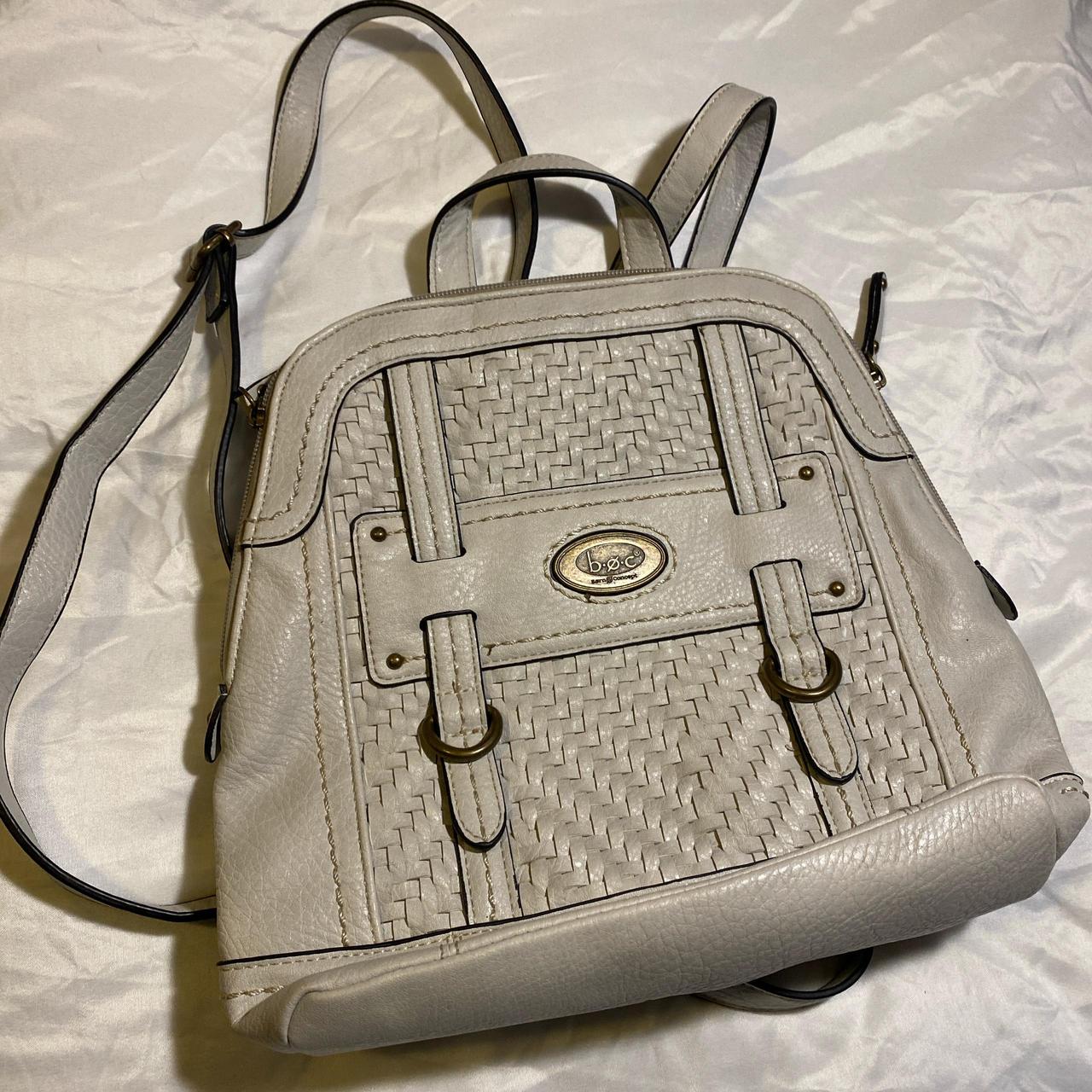 Tan and cream leather backpack with adjustable... - Depop