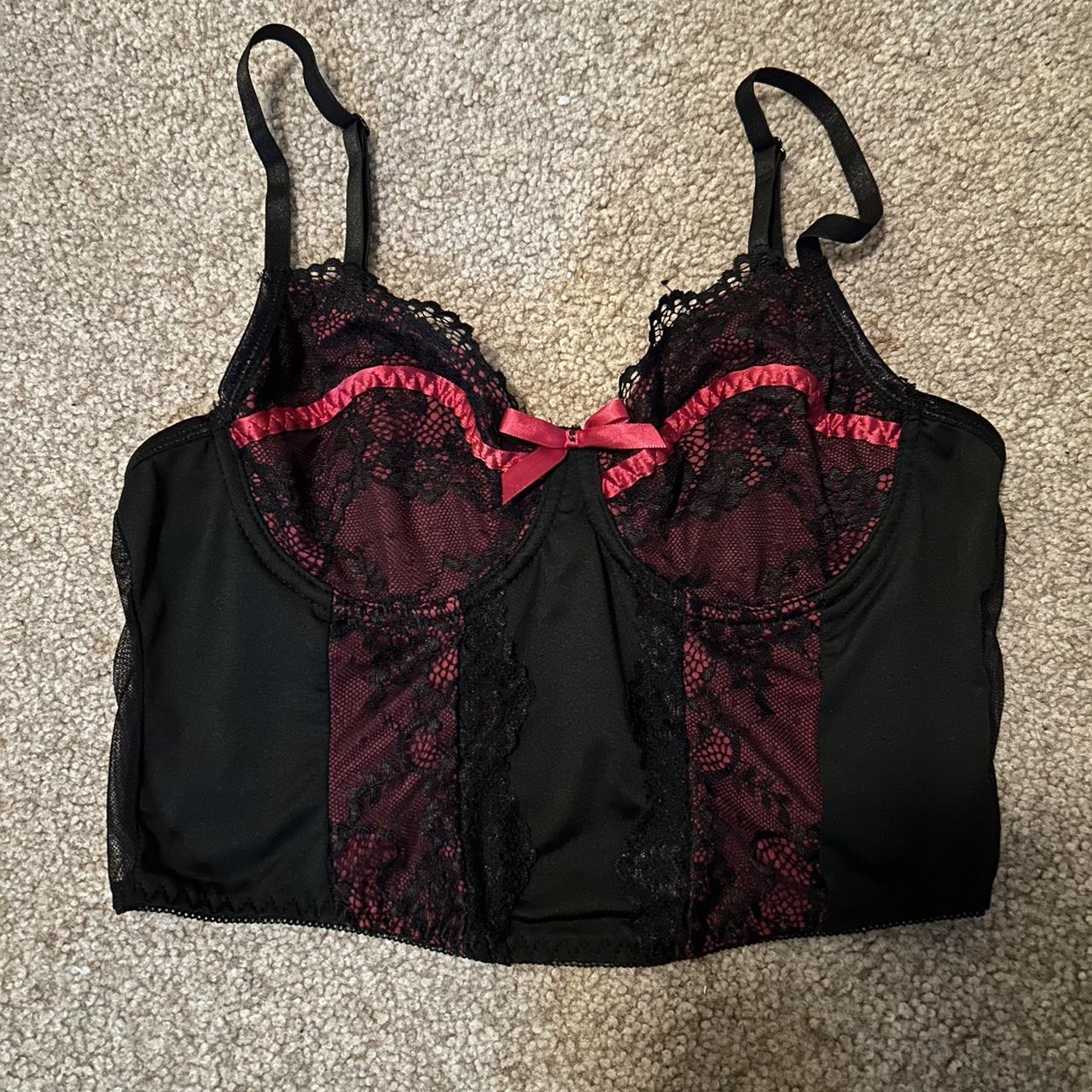 black and red lace corset top sheer in the back... - Depop