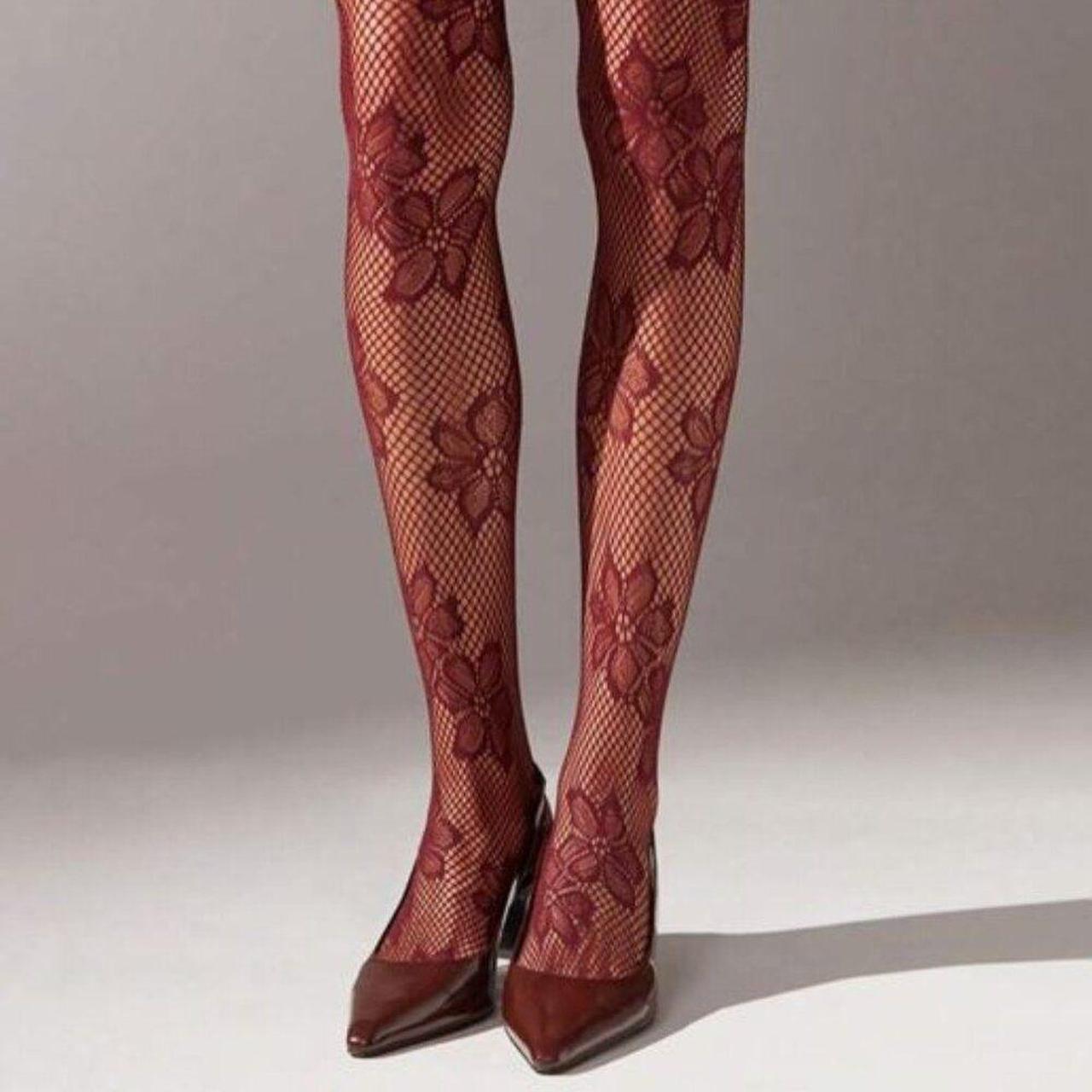 One Size Burgundy Floral Fishnet Tights ☆NWT, New... | Depop