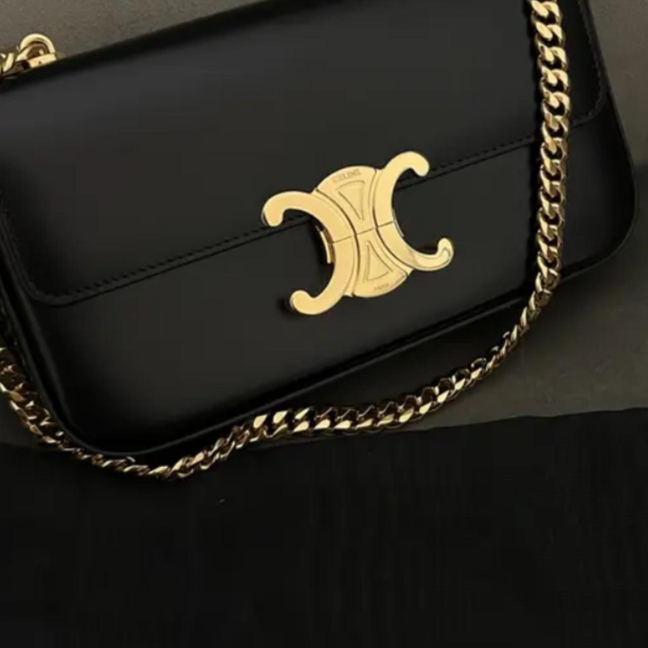 Celine gold Chain Triomphe Black leather bag... - Depop
