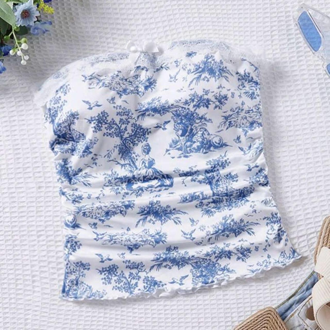 Blue and white floral print tube top with lace trim... | Depop