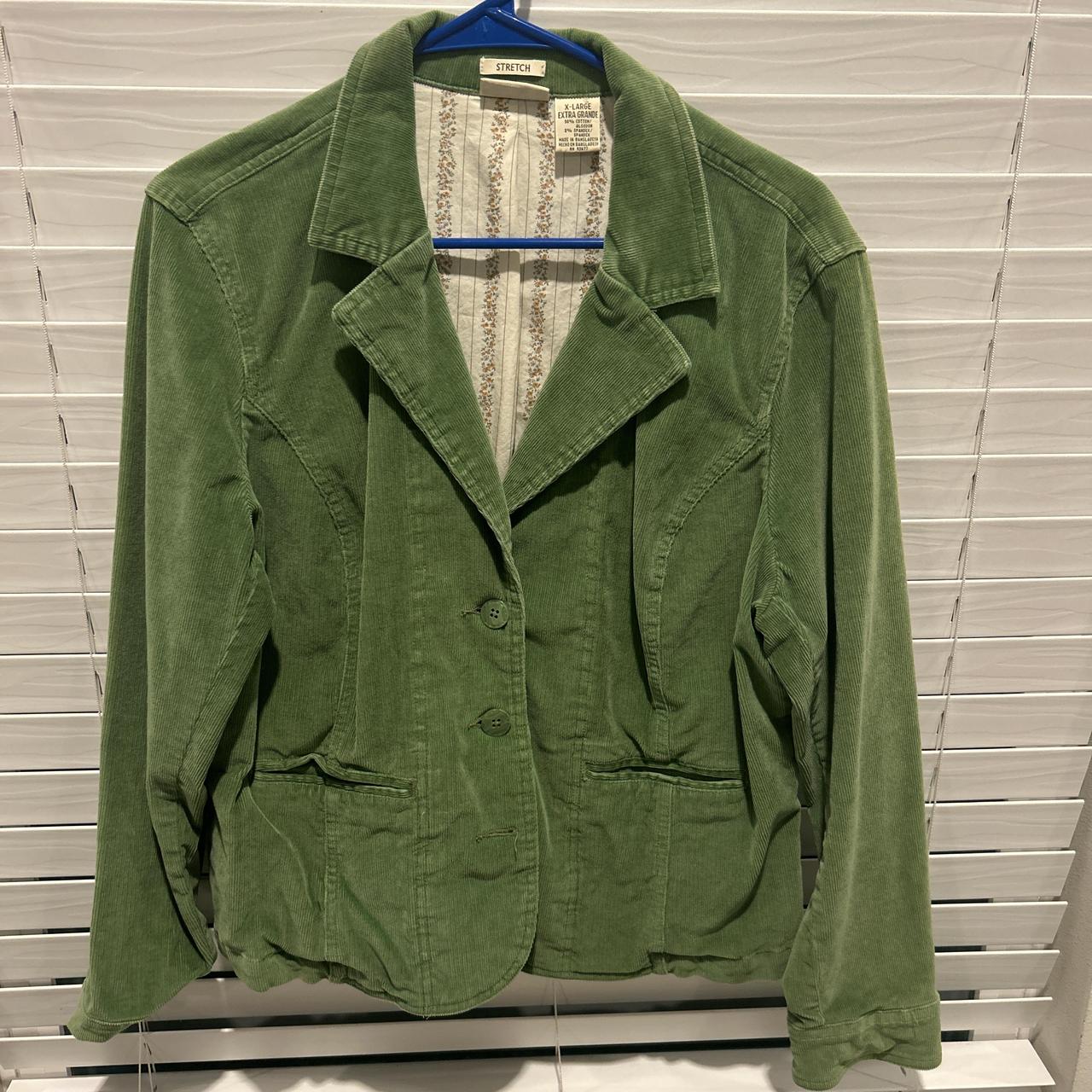 Green cottagecore corduroy jacket with a floral lining - Depop