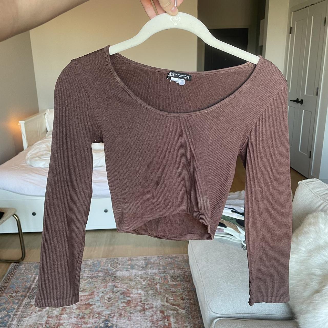 Zara mocha brown ripped scoop neck long sleeve crop... - Depop