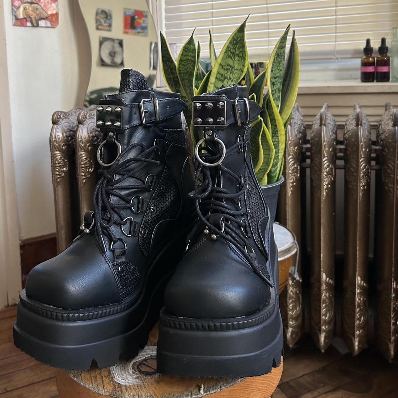 Demonia Women's Black and Silver Boots | Depop