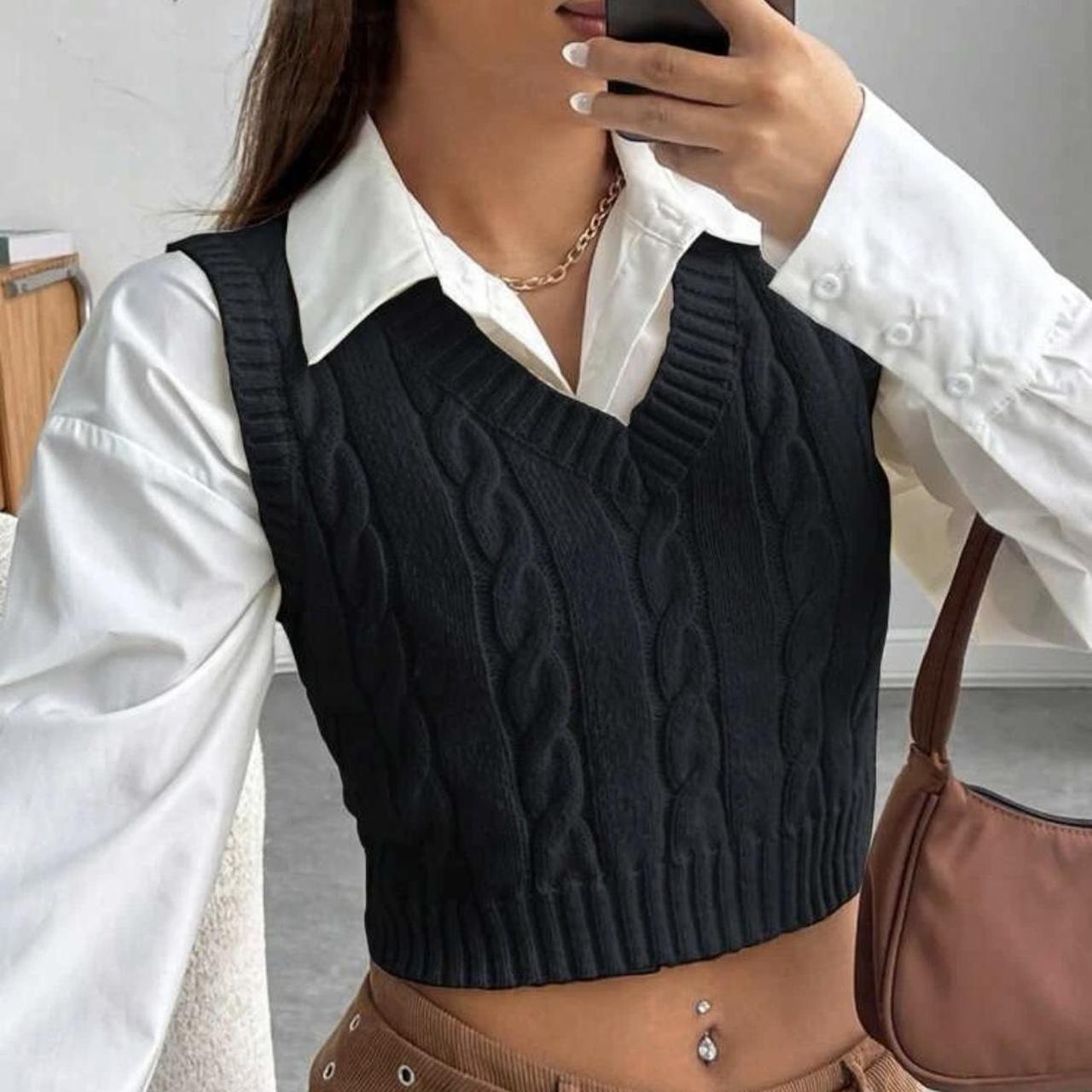 Black cable knitted vest. Large, fits size... - Depop