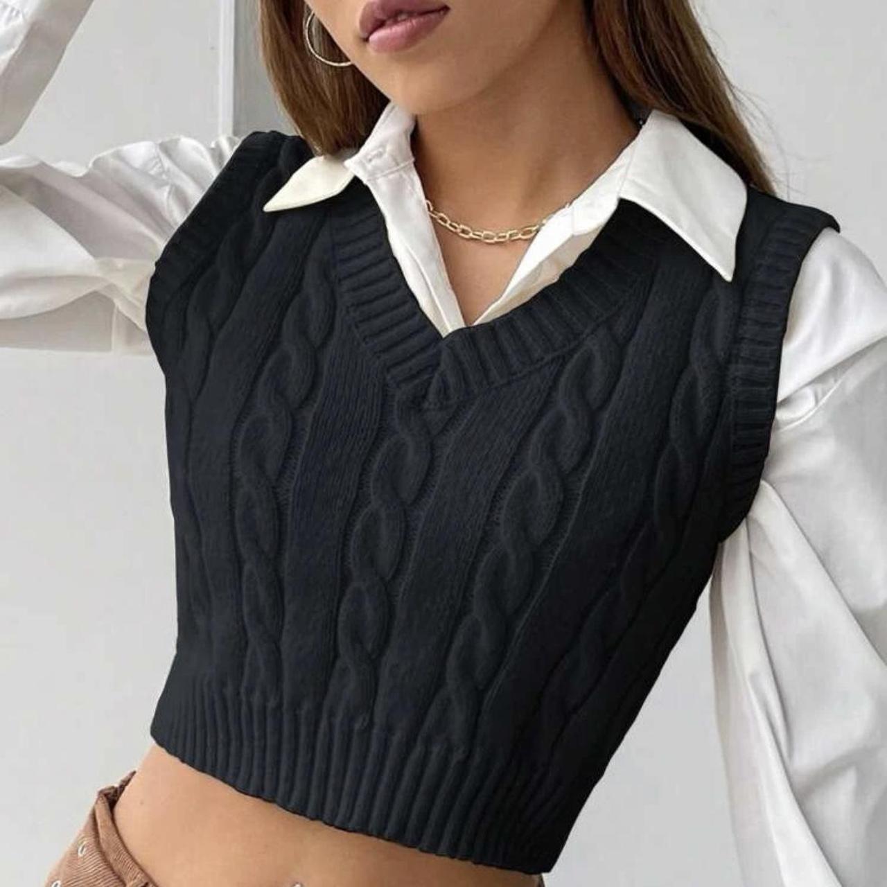 Black cable knitted vest. Large, fits size... - Depop