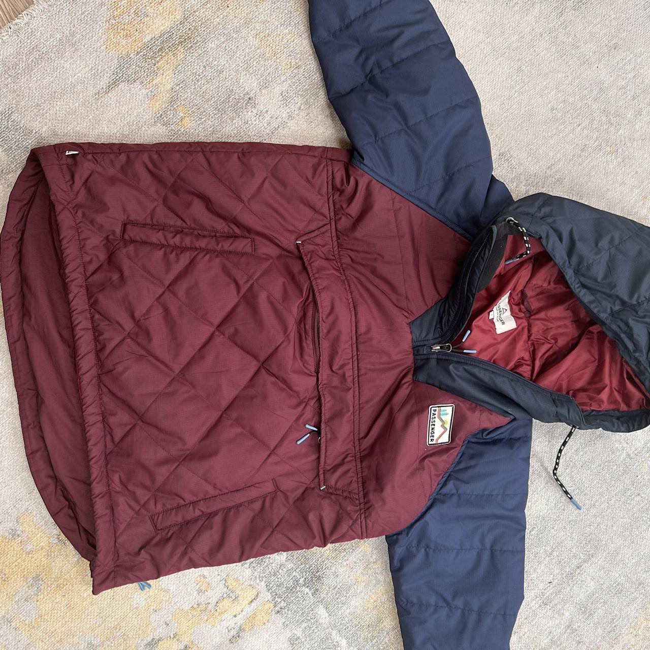 Passenger Burgundy and navy half zip puffer rain... - Depop