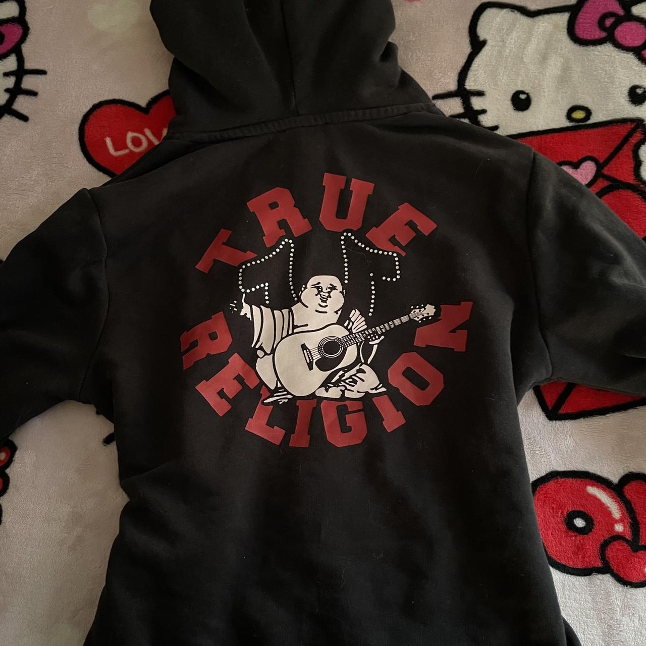 True Religion black and red rhinestone hoodie, fits... - Depop
