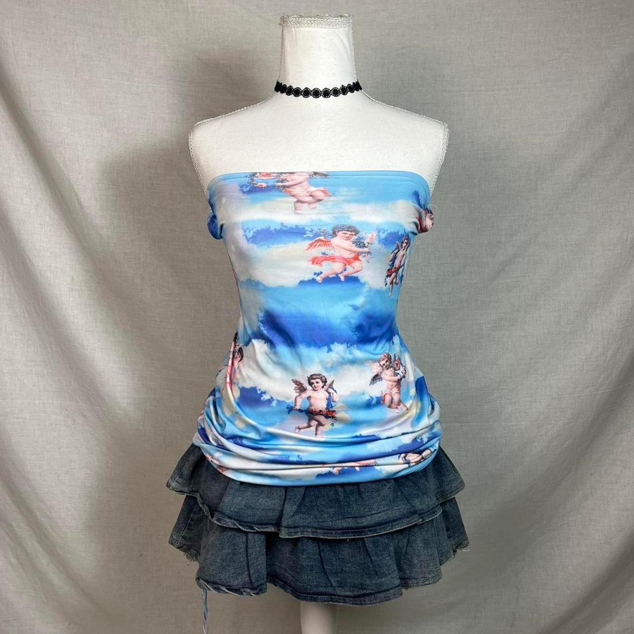 BSCO Tube Top Small Blue Cloud Angel Print Strapless... | Depop