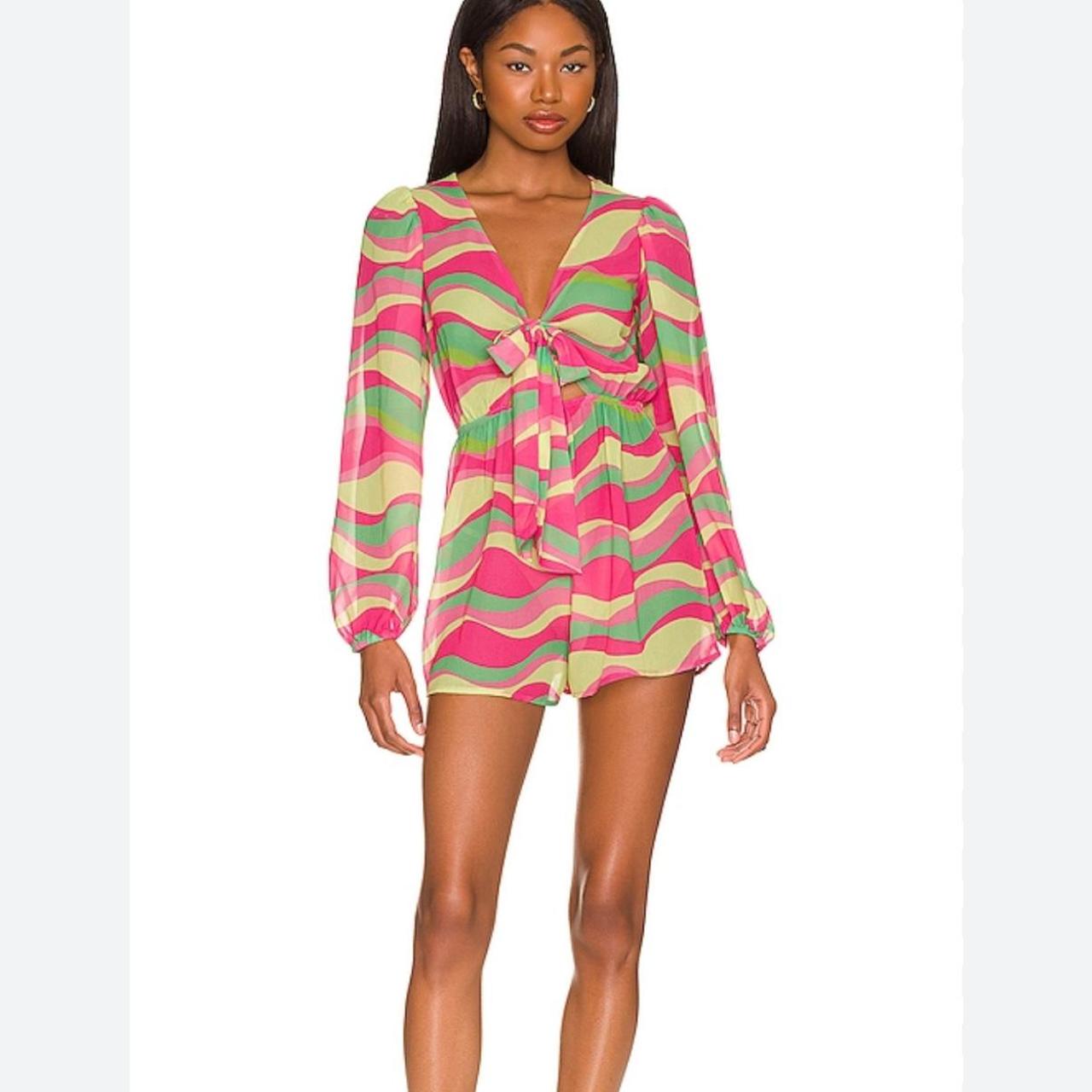 Beach riot Pink and green striped romper, cover-up,... | Depop