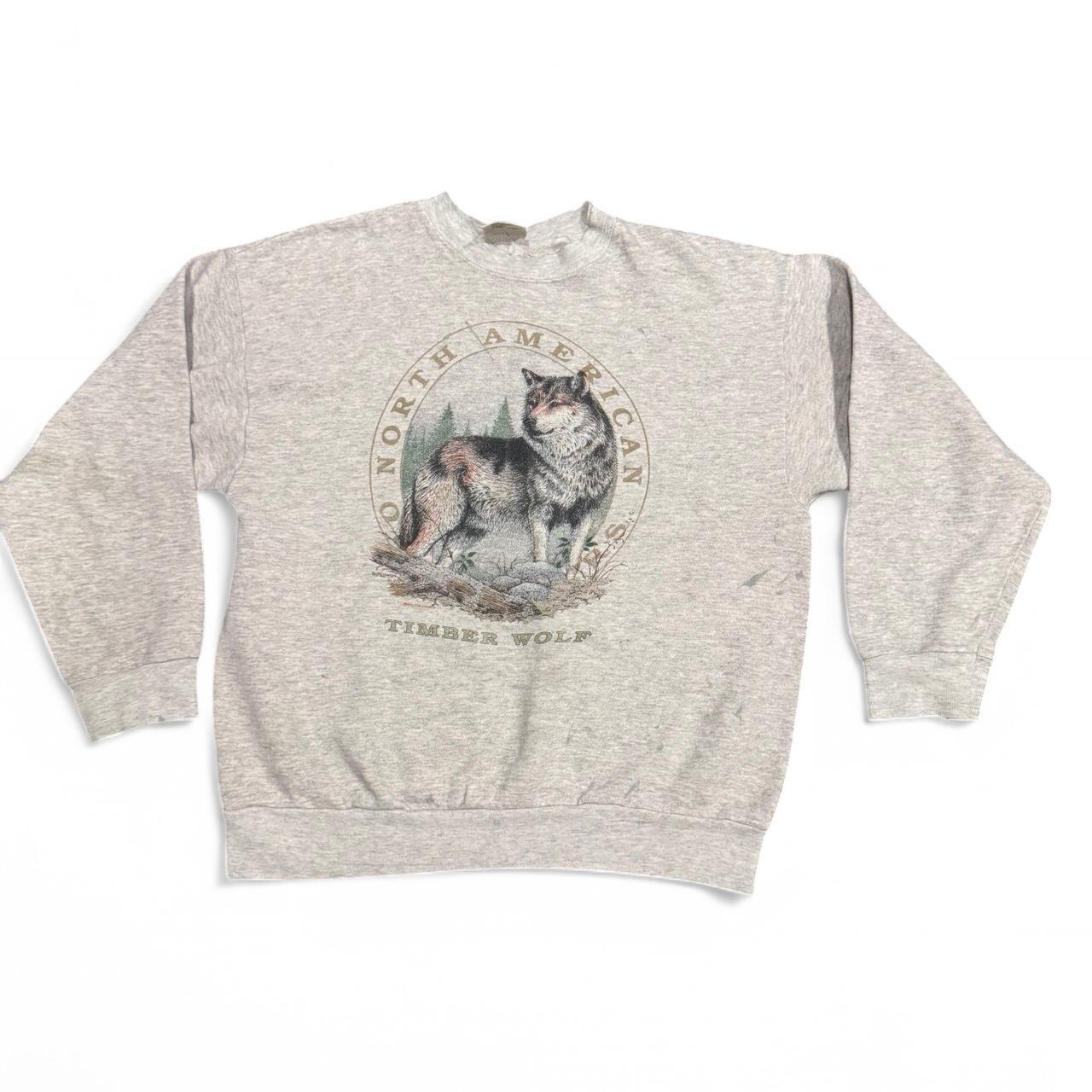Grey vintage 90s North American Timber Wolf crewneck... | Depop