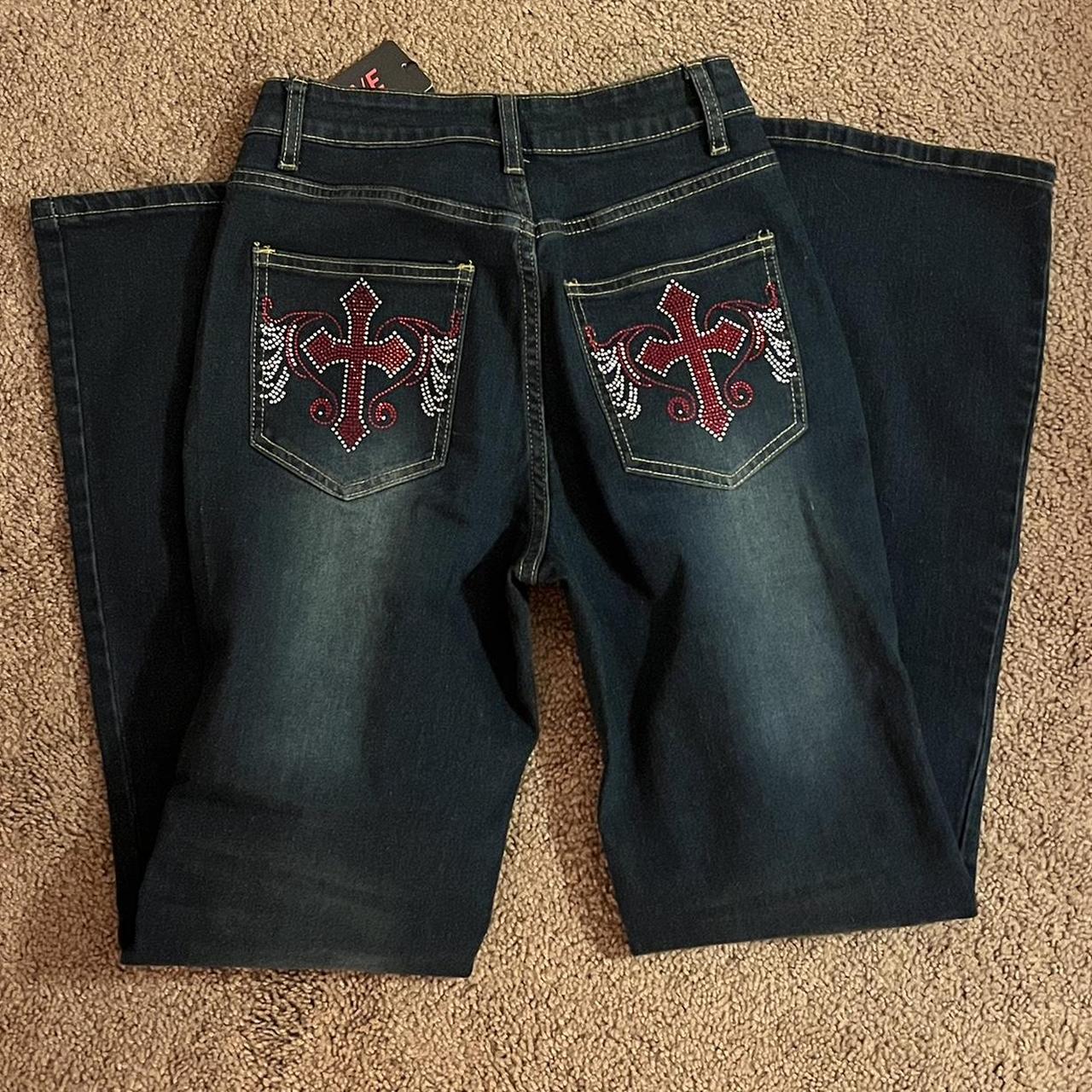 Y2K jeans rhinestone cross #missme #y2kjeans... - Depop