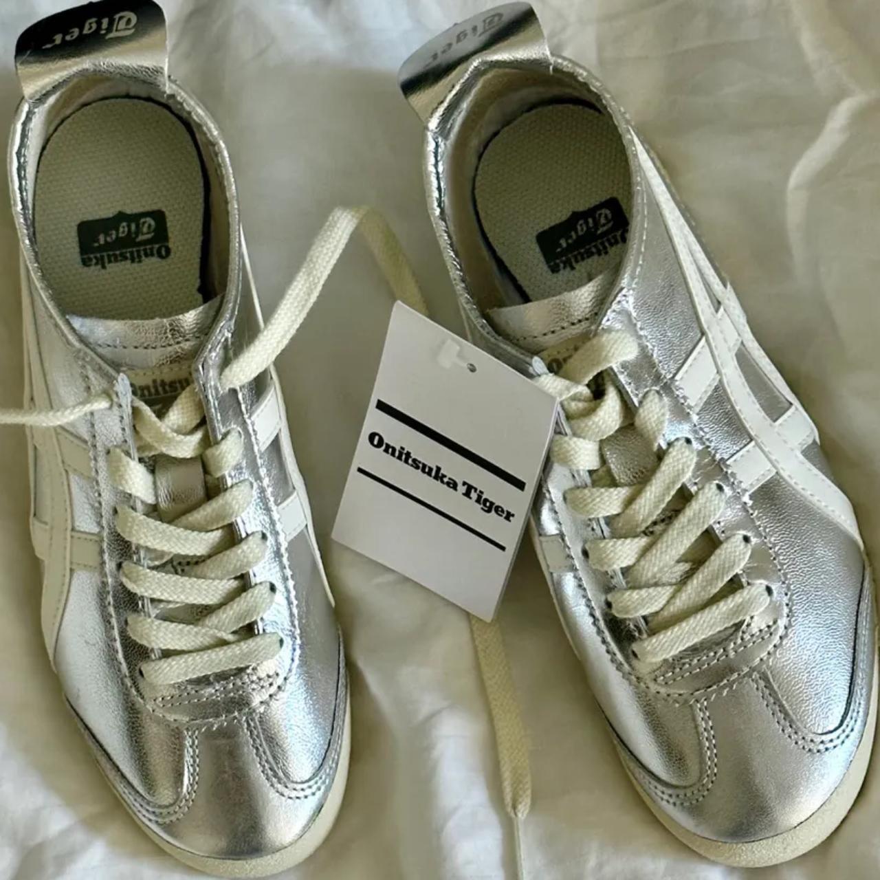 Onitsuka tiger women's silver trainers Wms sz us... - Depop