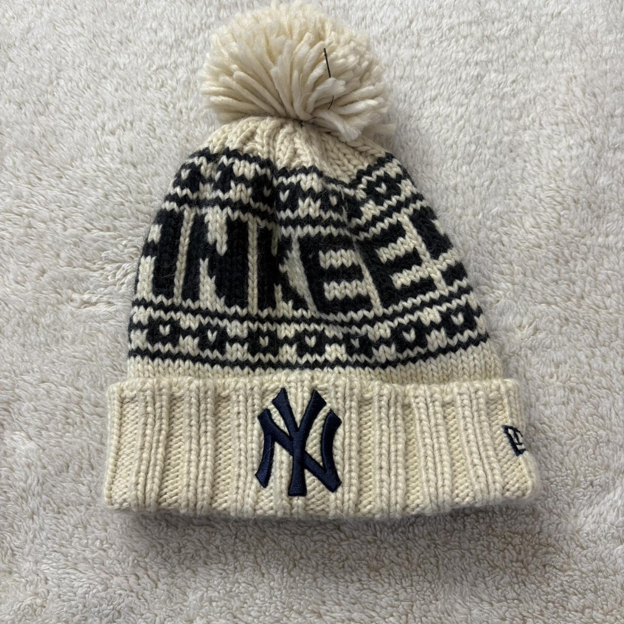 Cream & navy New York Yankees puff beanie⚾️ Womens... | Depop