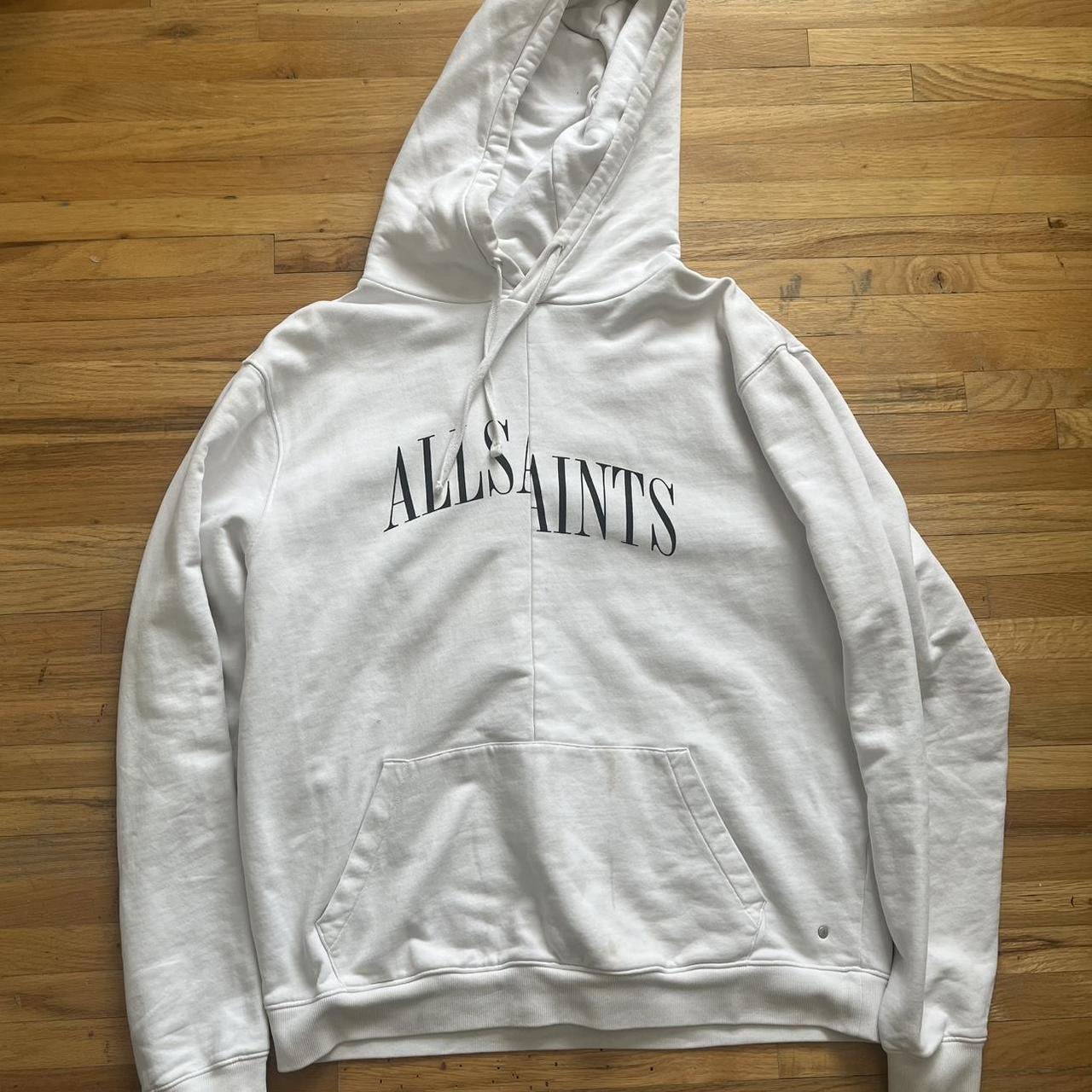 All saints hoodie men’s small white with black text... - Depop