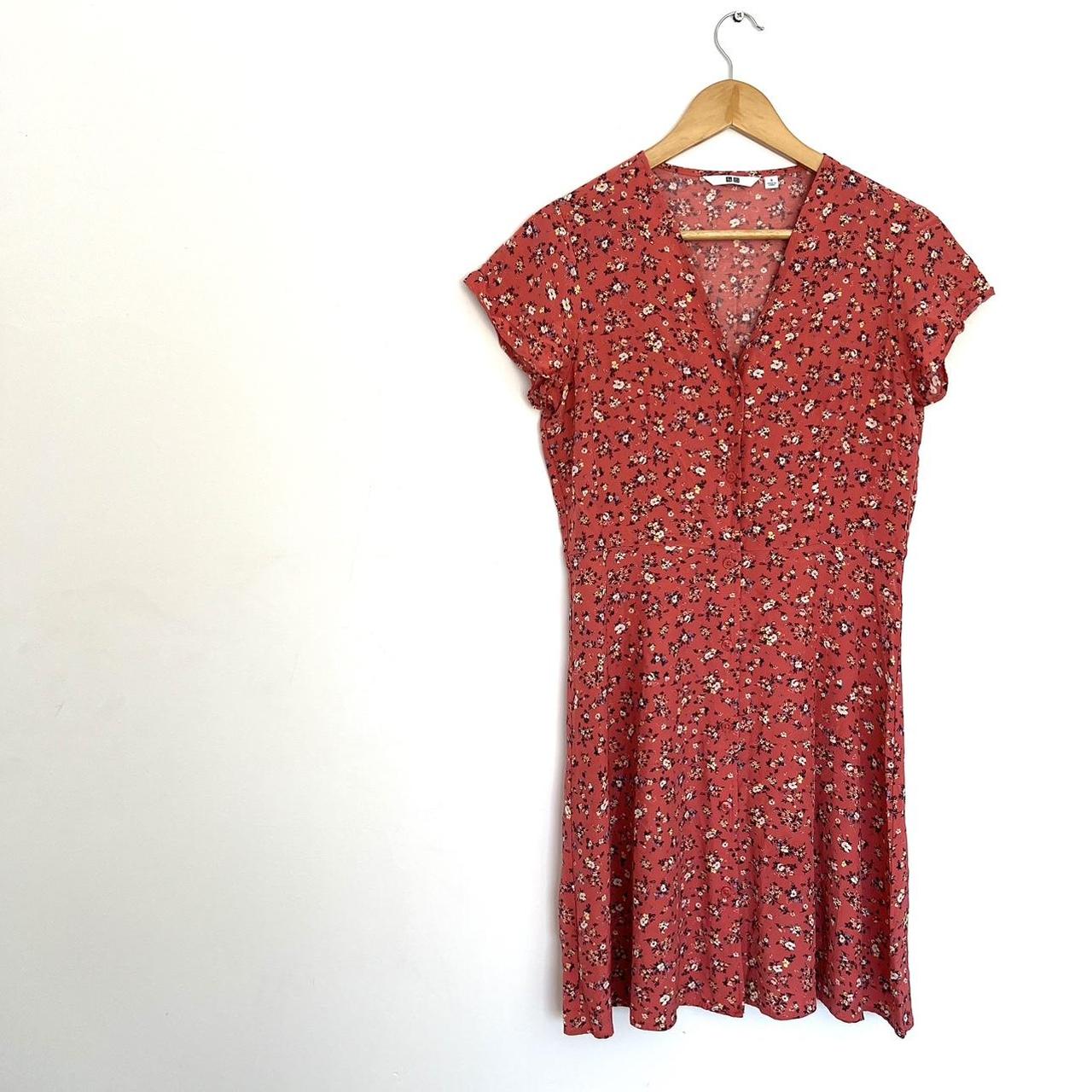 UNIQLO Red floral button up mini dress V neckline... - Depop