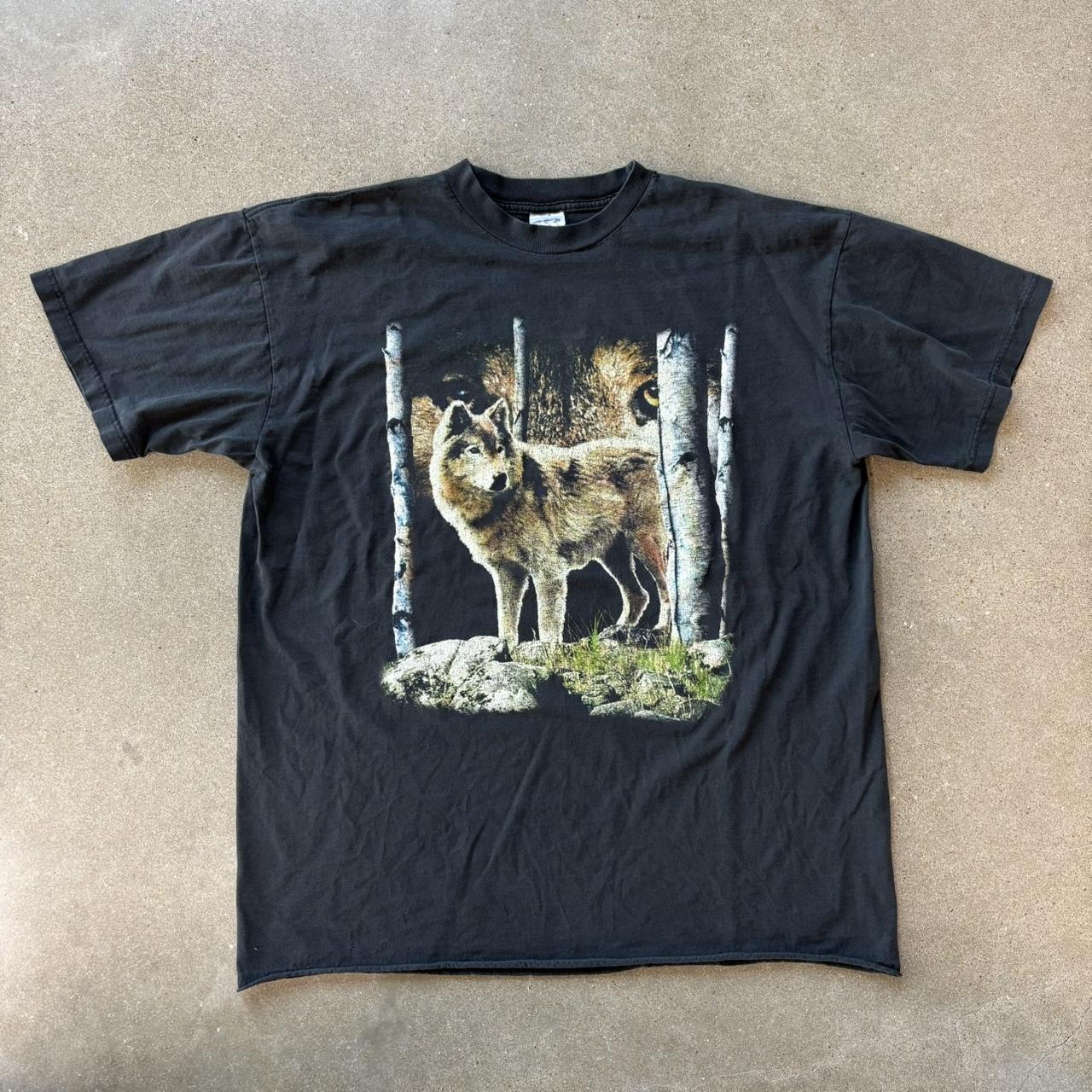 Black vintage 90s wolf graphic tee see measurements... | Depop