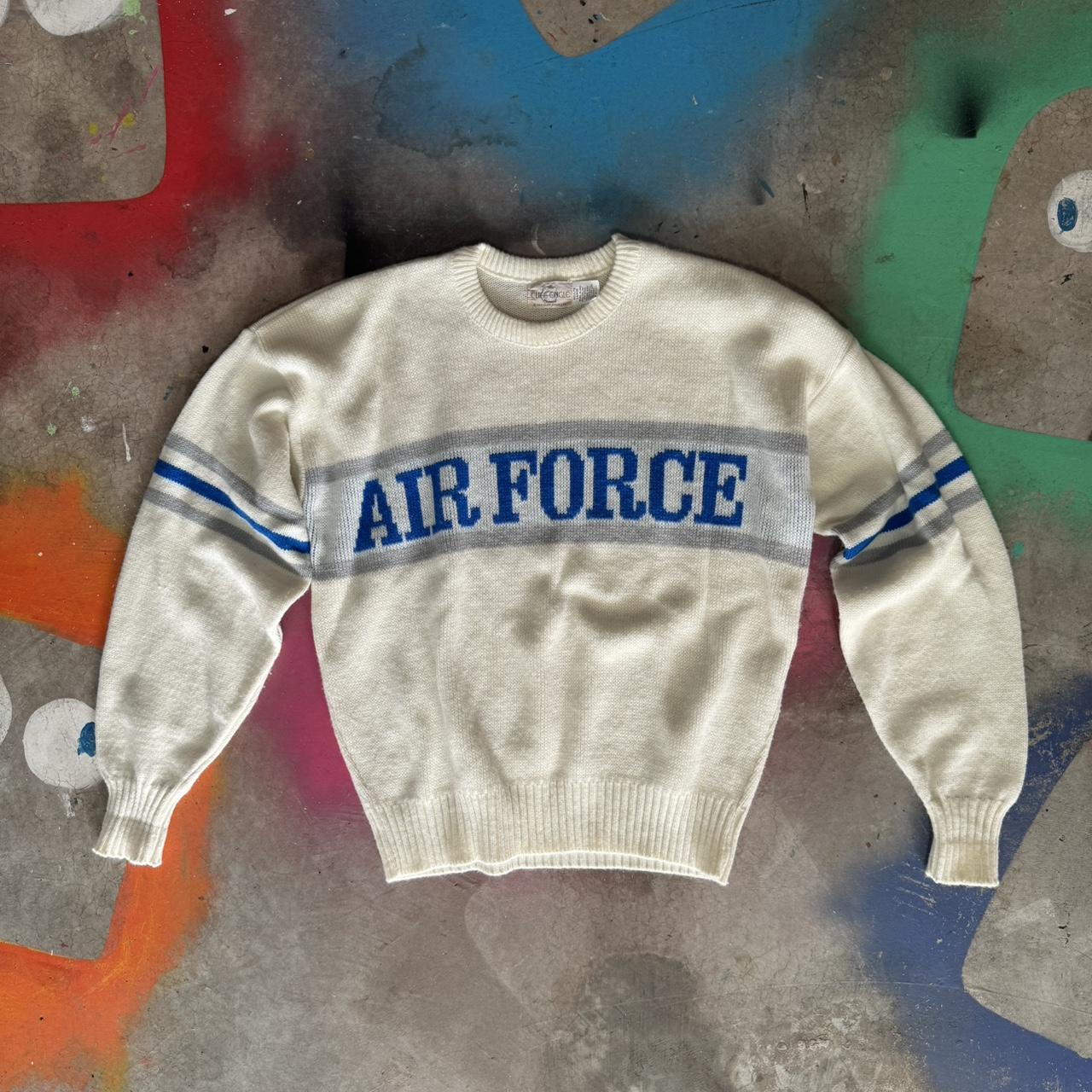1984 USAF crewneck sweater in Cream and blue... | Depop