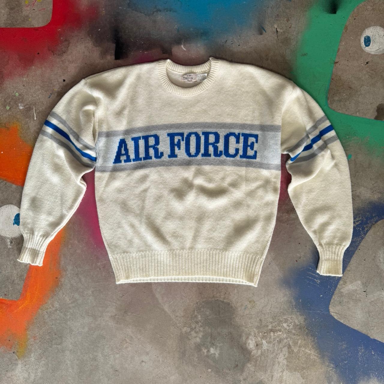 1984 USAF crewneck sweater in Cream and blue... | Depop