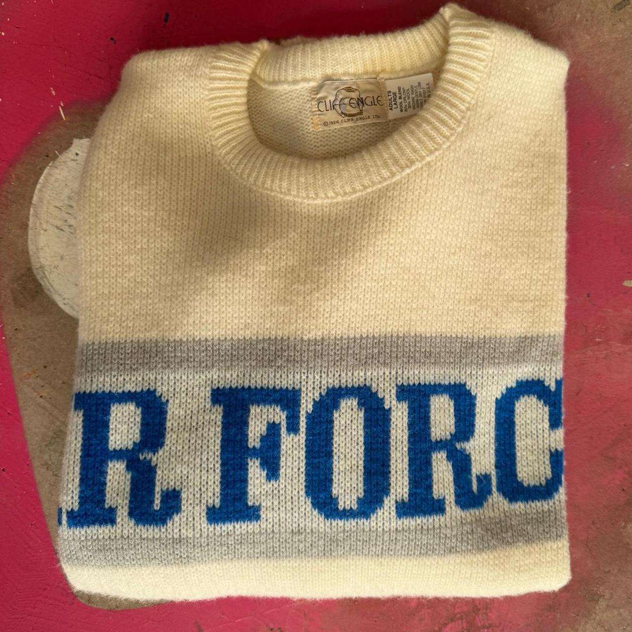 1984 USAF crewneck sweater in Cream and blue... | Depop