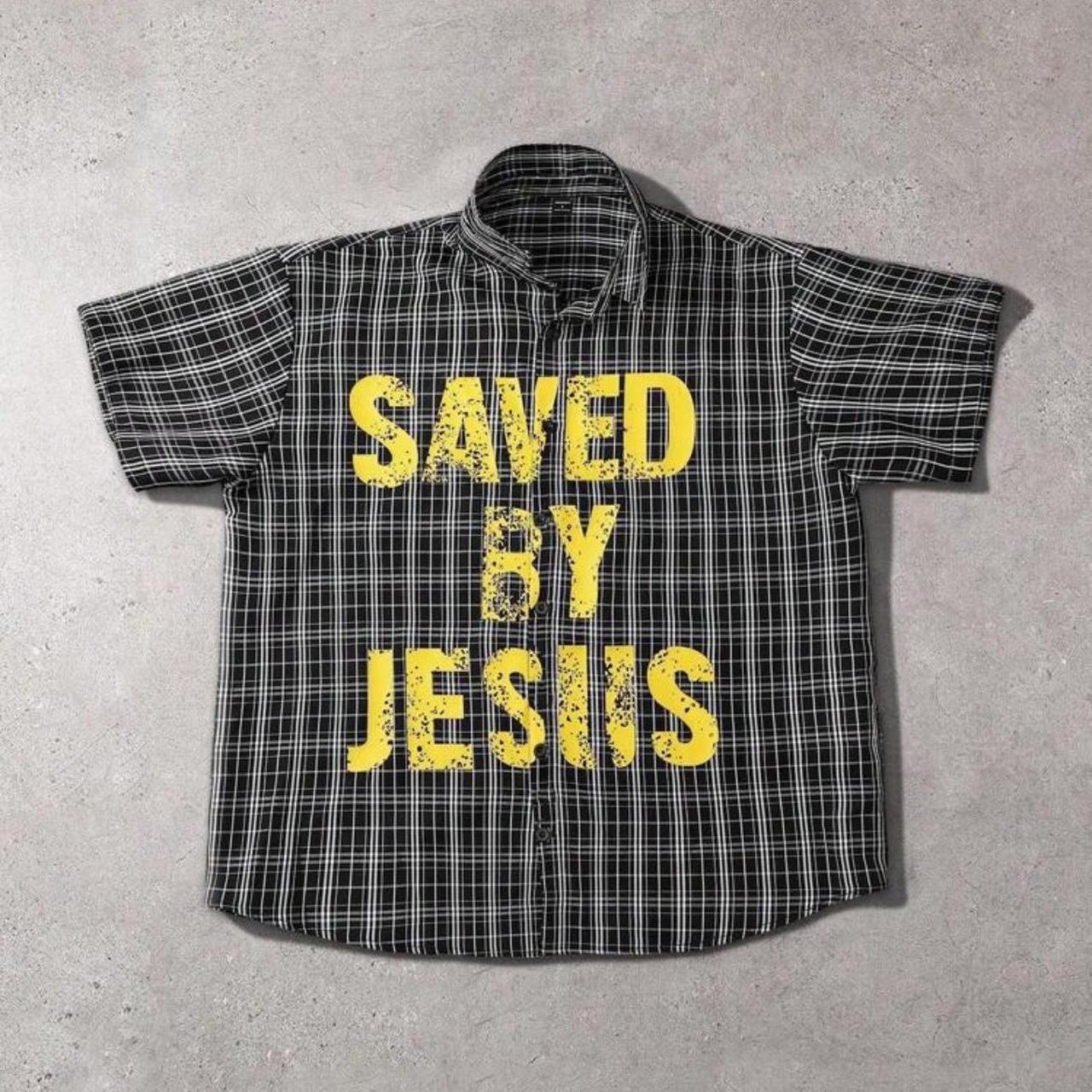 Medium Saved By Jesus Cropped Black Flannel - Depop