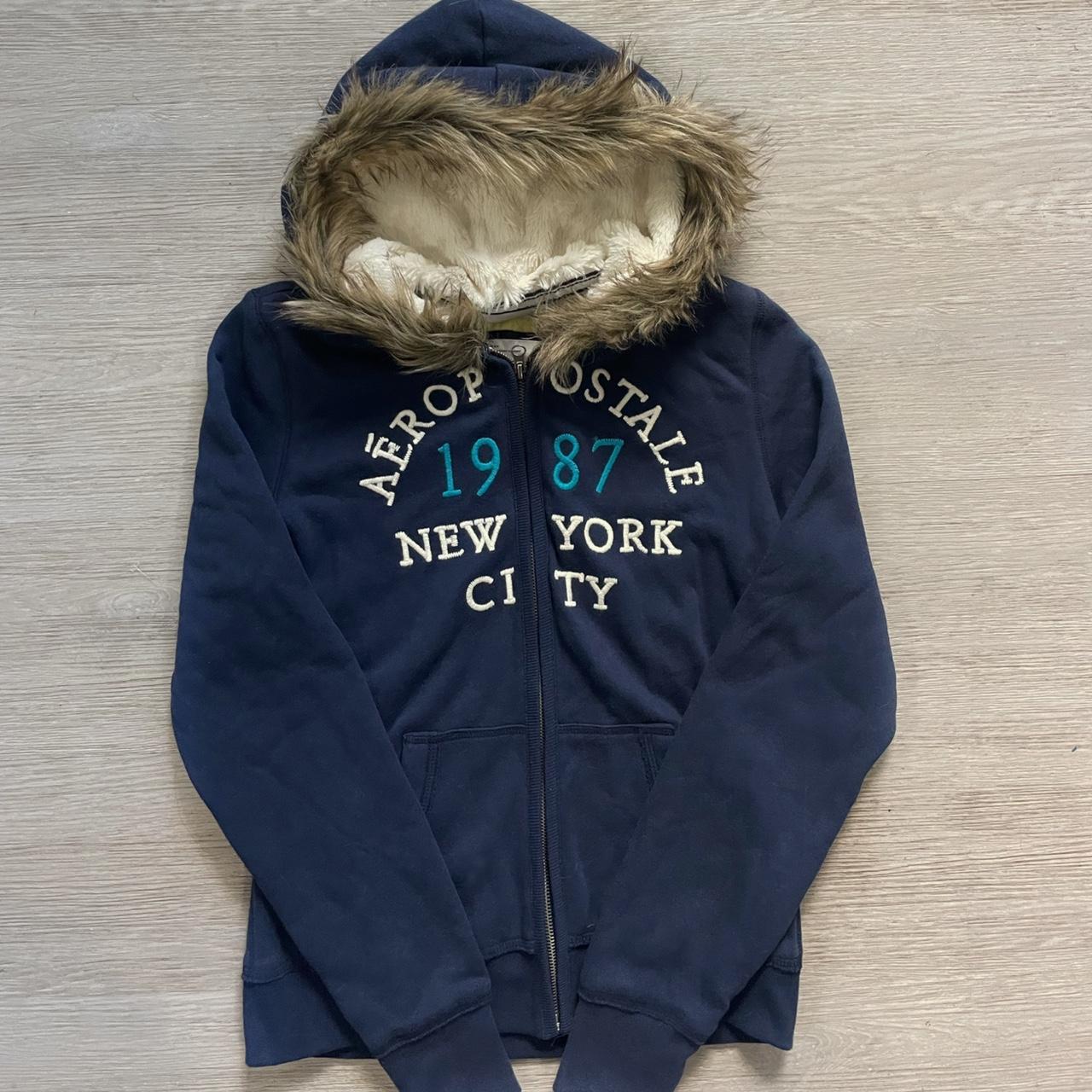 Y2k vintage Aeropostale fur lined zip up hoodie with... - Depop