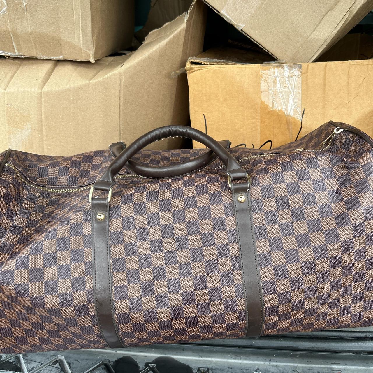 Brown and tan checkered duffle bag #travel - Depop