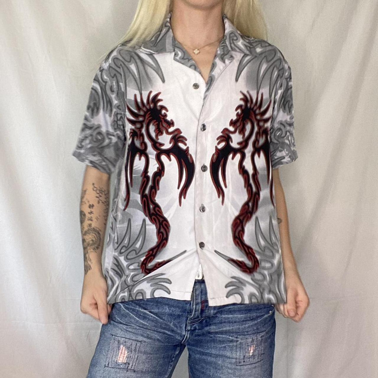 Coolest y2k Dragon Graphic button up shirt Great... | Depop