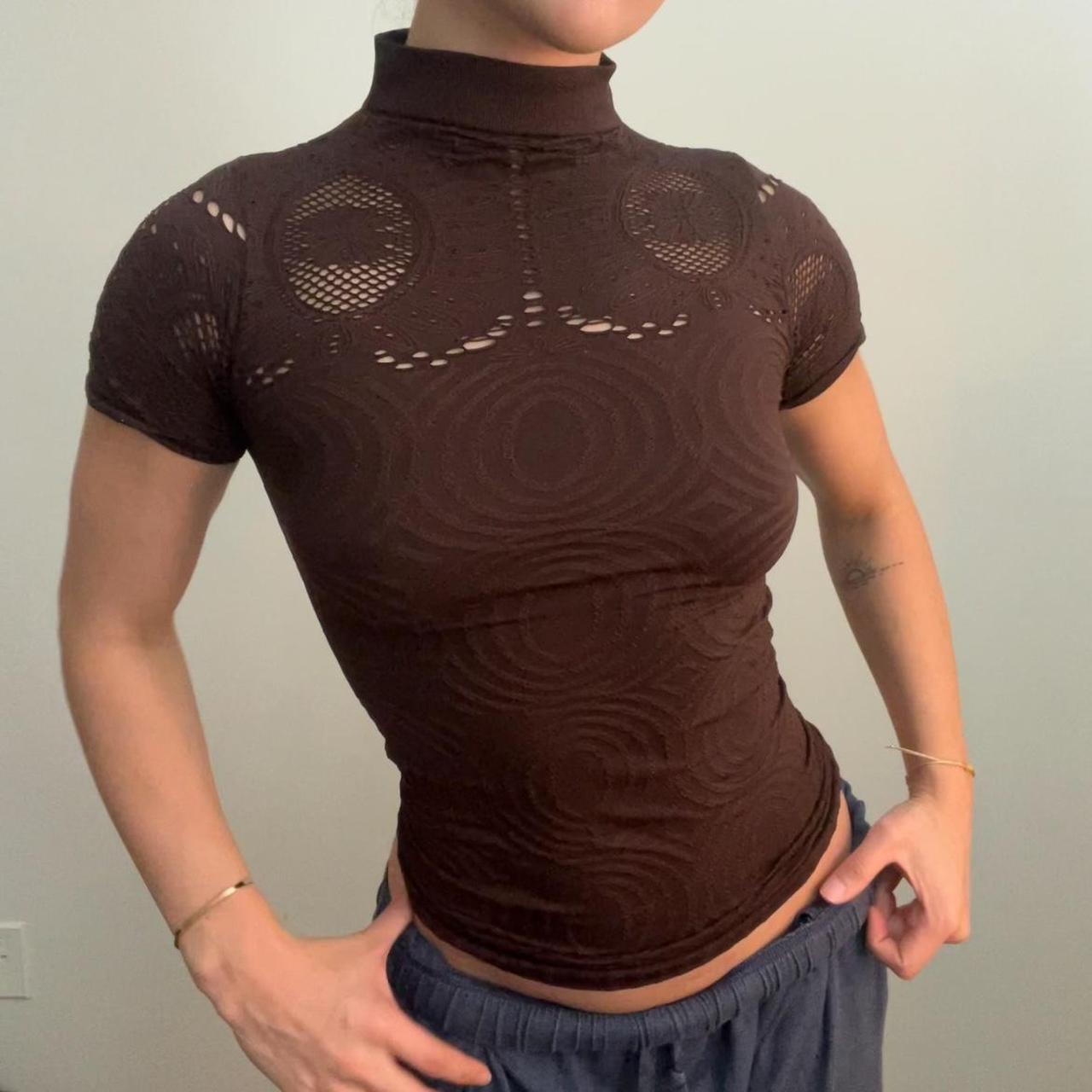 Brown mesh high neck top with unique pattern fits xs... | Depop