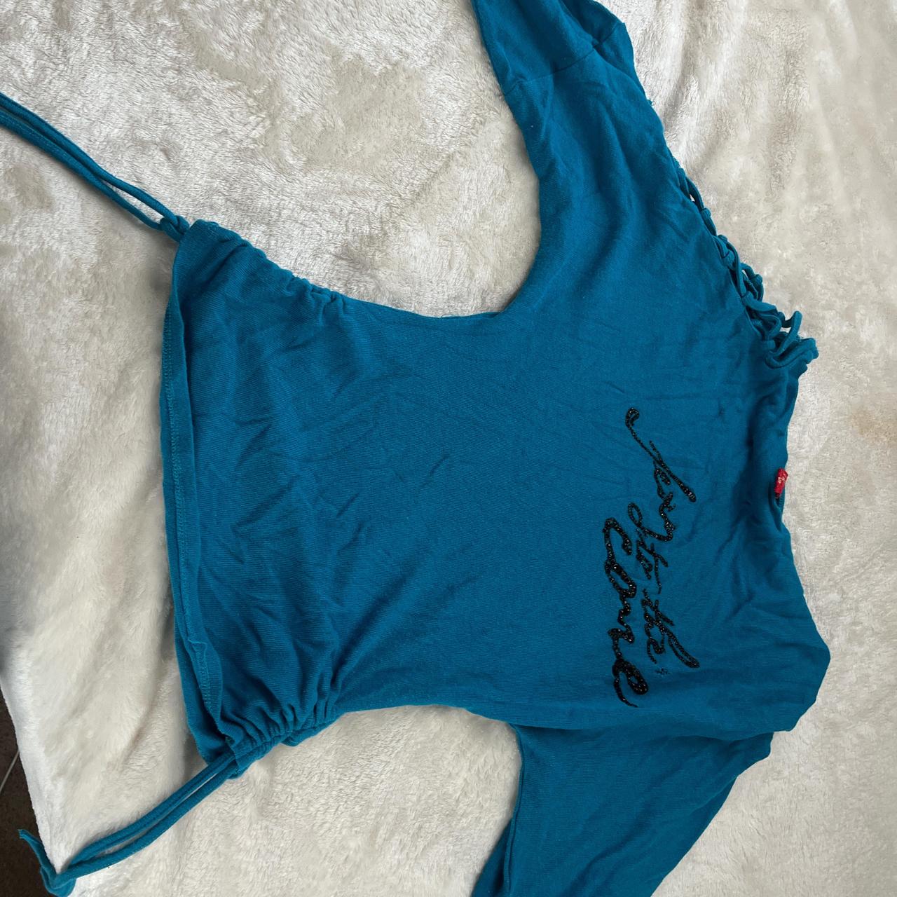 Apple bottom clubbing shirt Blue Y2K crop top... - Depop