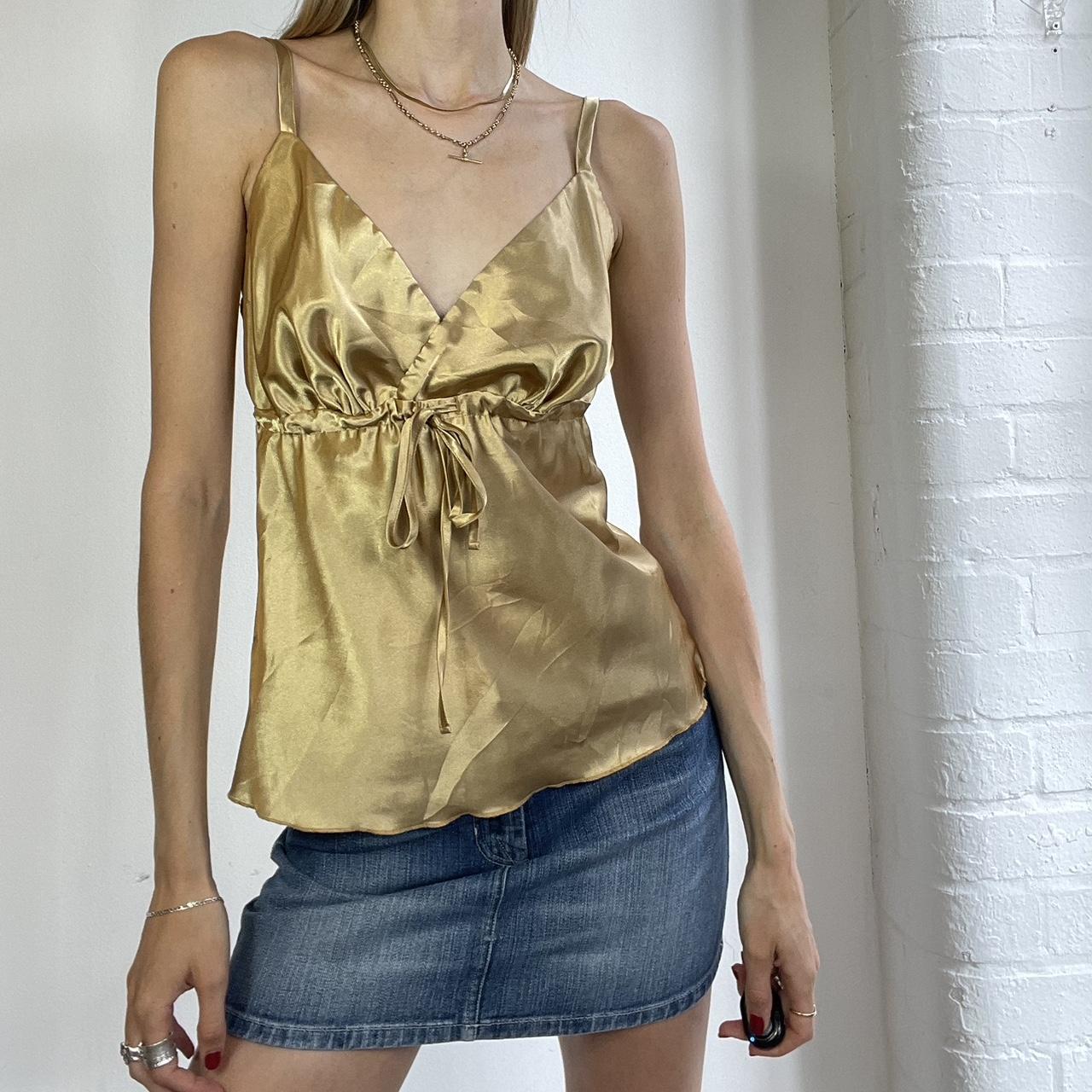 Vintage satin cami Y2K gold cami top. Tie detail... - Depop