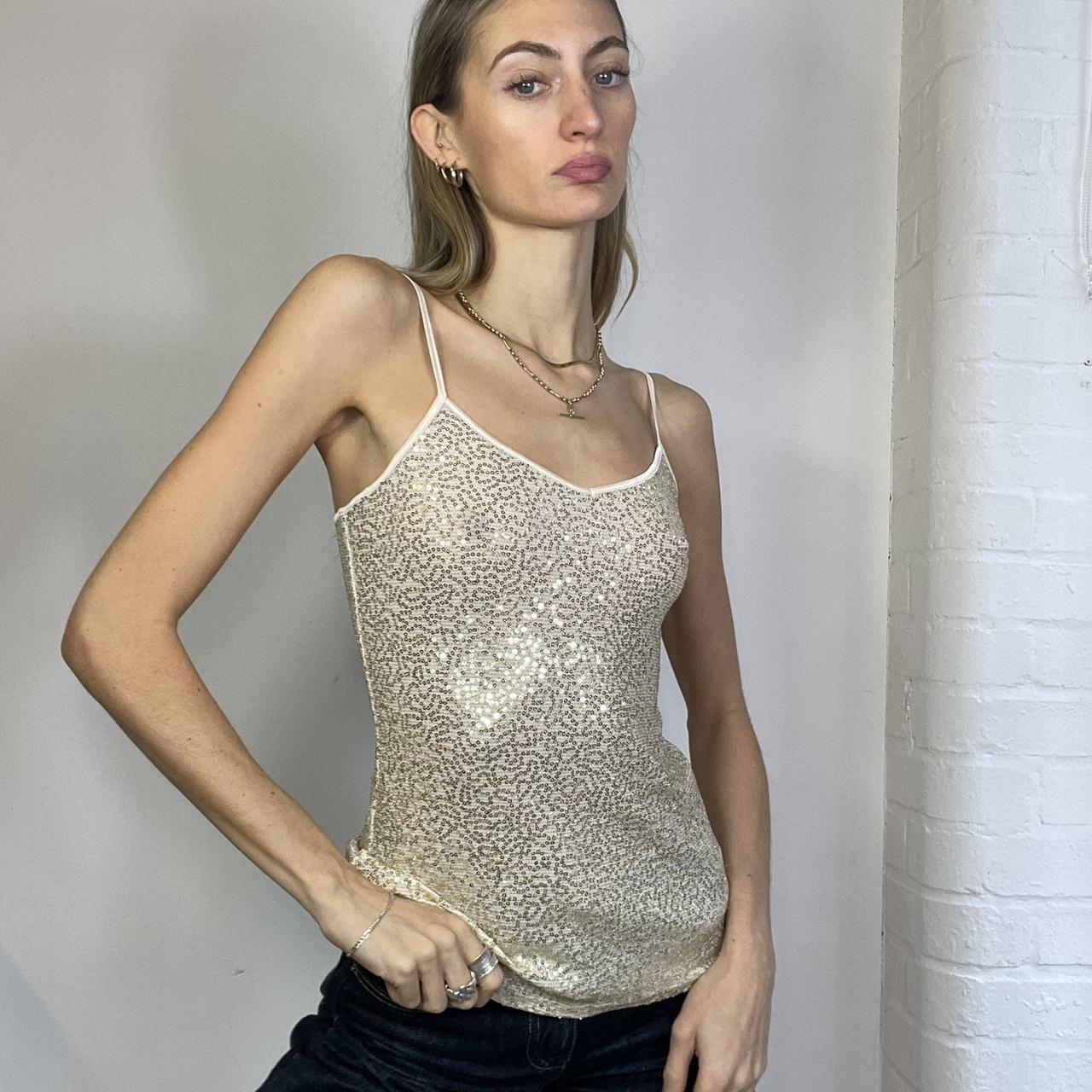 Vintage sequin top Y2K gold cami top. Strappy top... - Depop