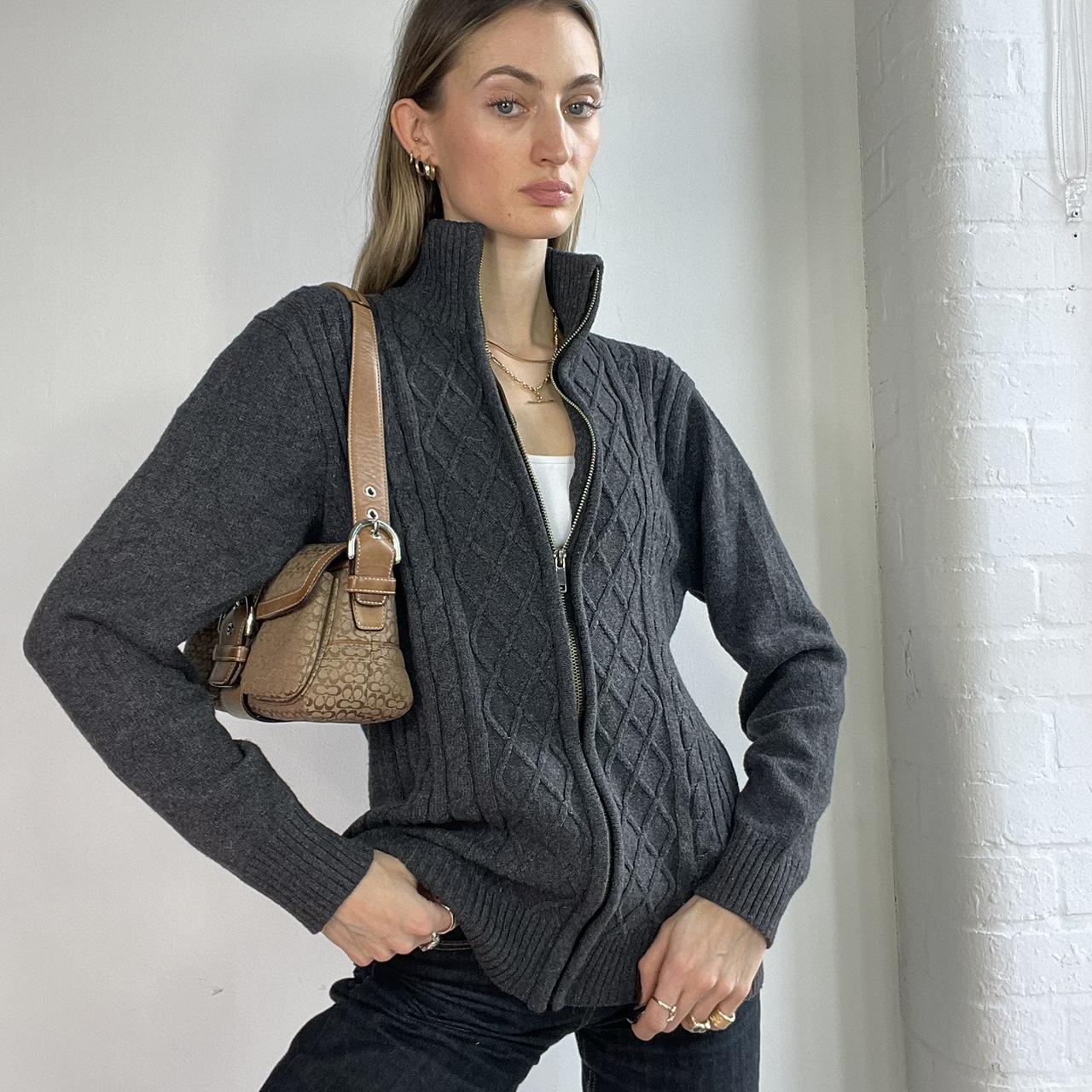 Vintage zip cardigan Y2K cable knit zip up sweater... | Depop
