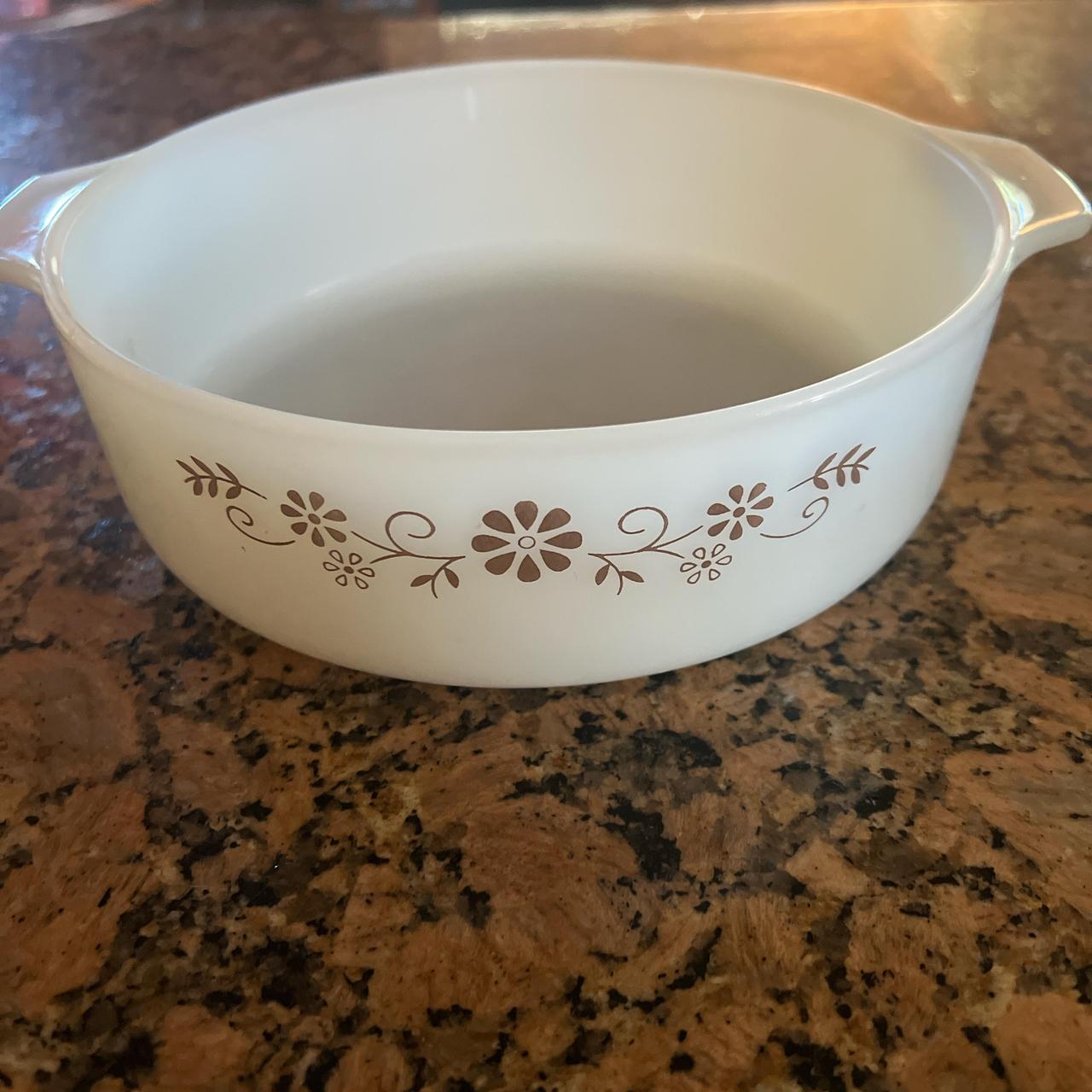 White Pyrex bowl with brown floral design homeware... | Depop