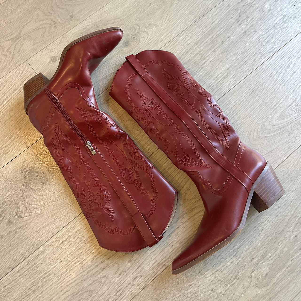 Red leather knee high cowboy boots •worn once... - Depop