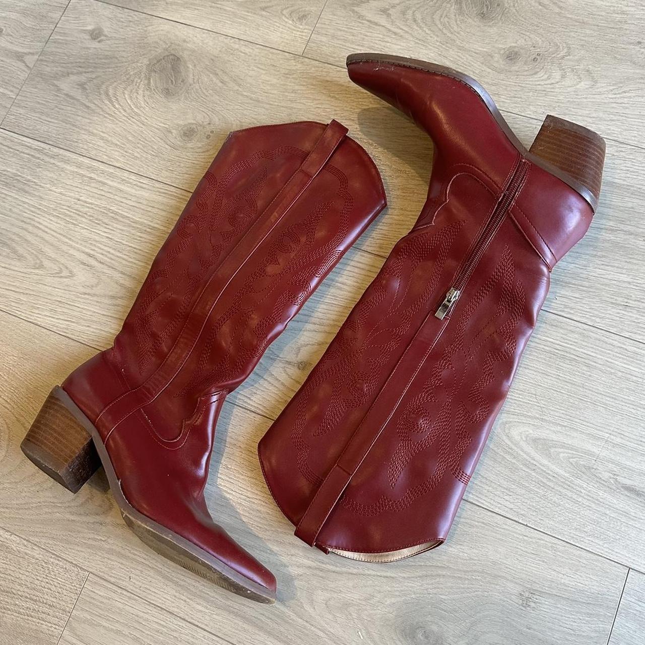 Red leather knee high cowboy boots •worn once... - Depop