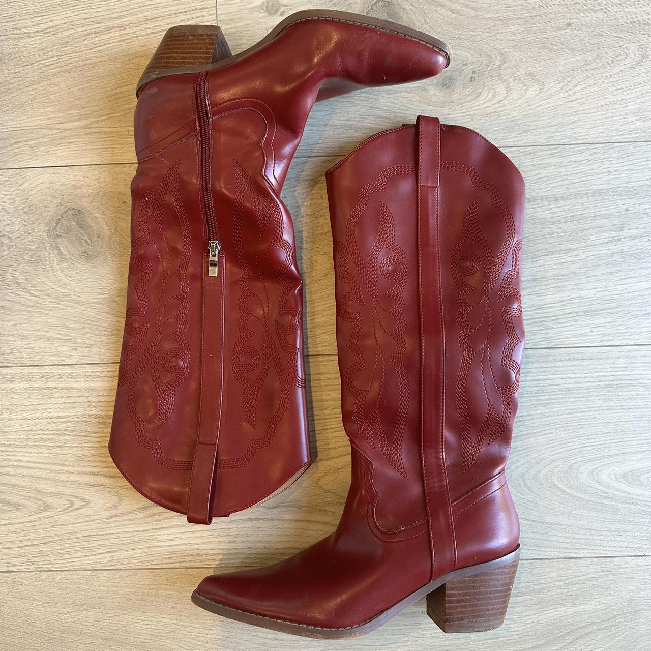 Red leather knee high cowboy boots •worn once... - Depop