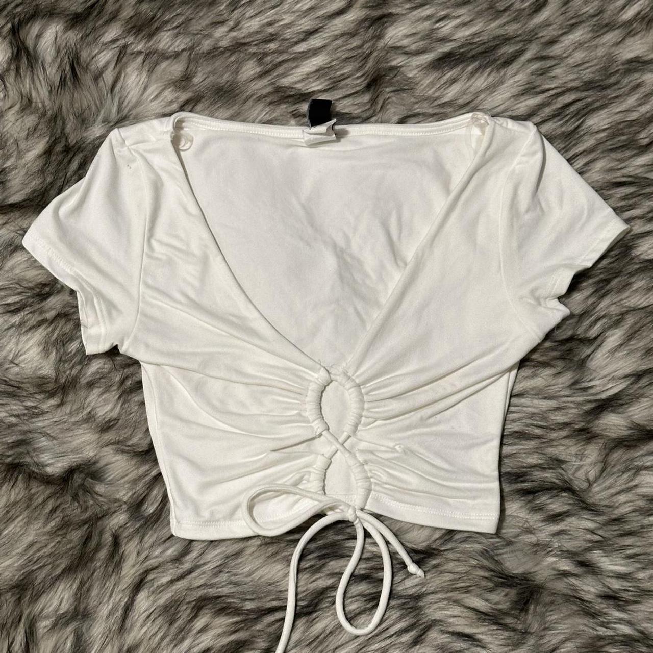 white crop top with lace up deep cut front size:... | Depop