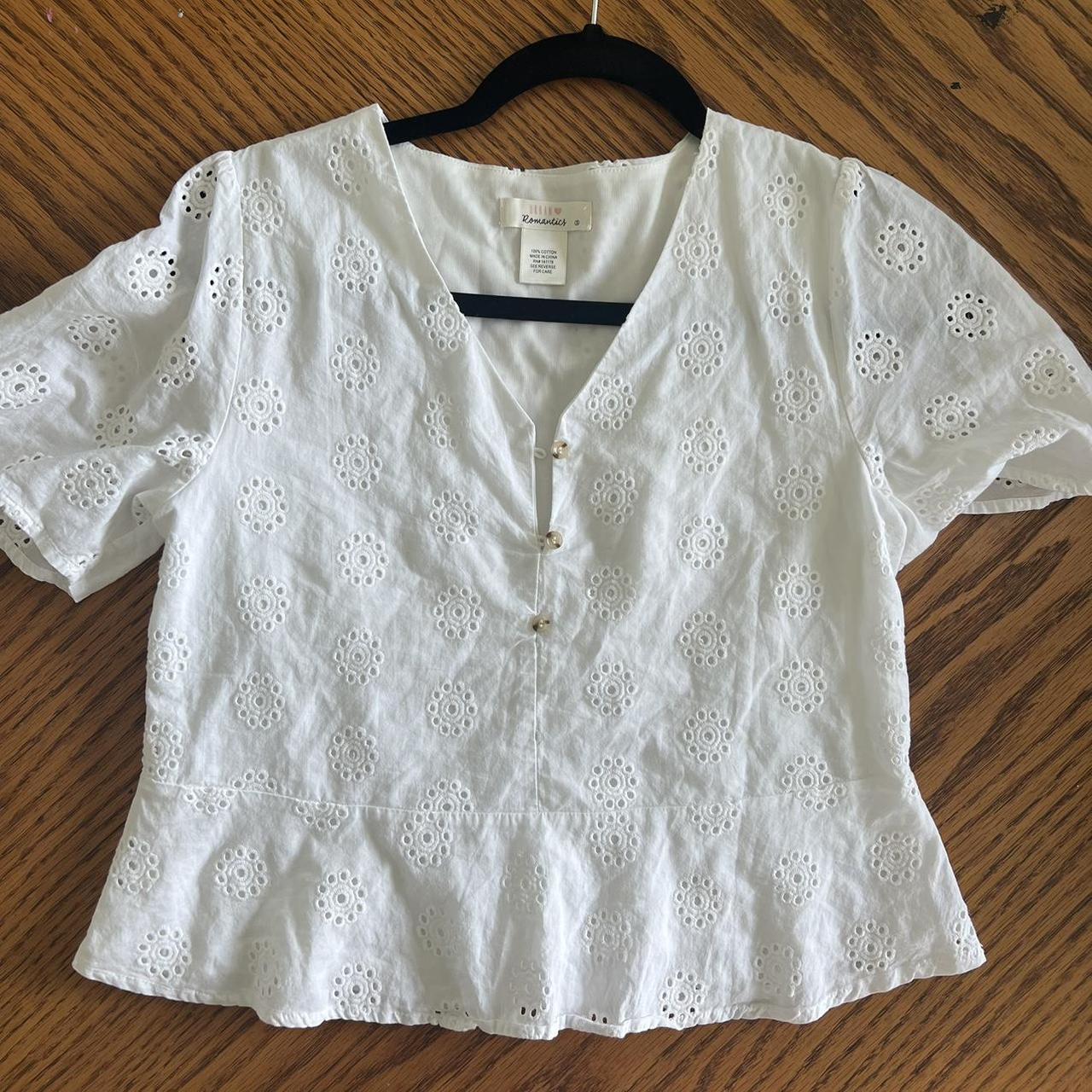White cotton eyelet blouse with buttons down the... - Depop