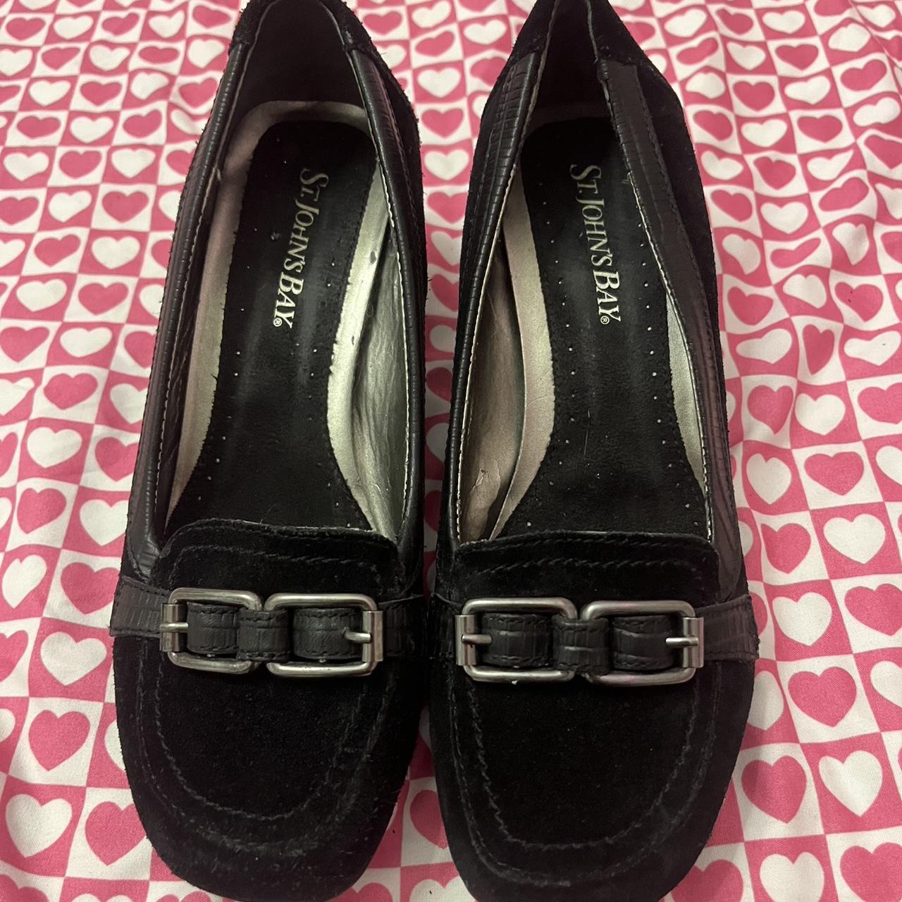 y2k black kitten wedges with silver buckles worn a... | Depop