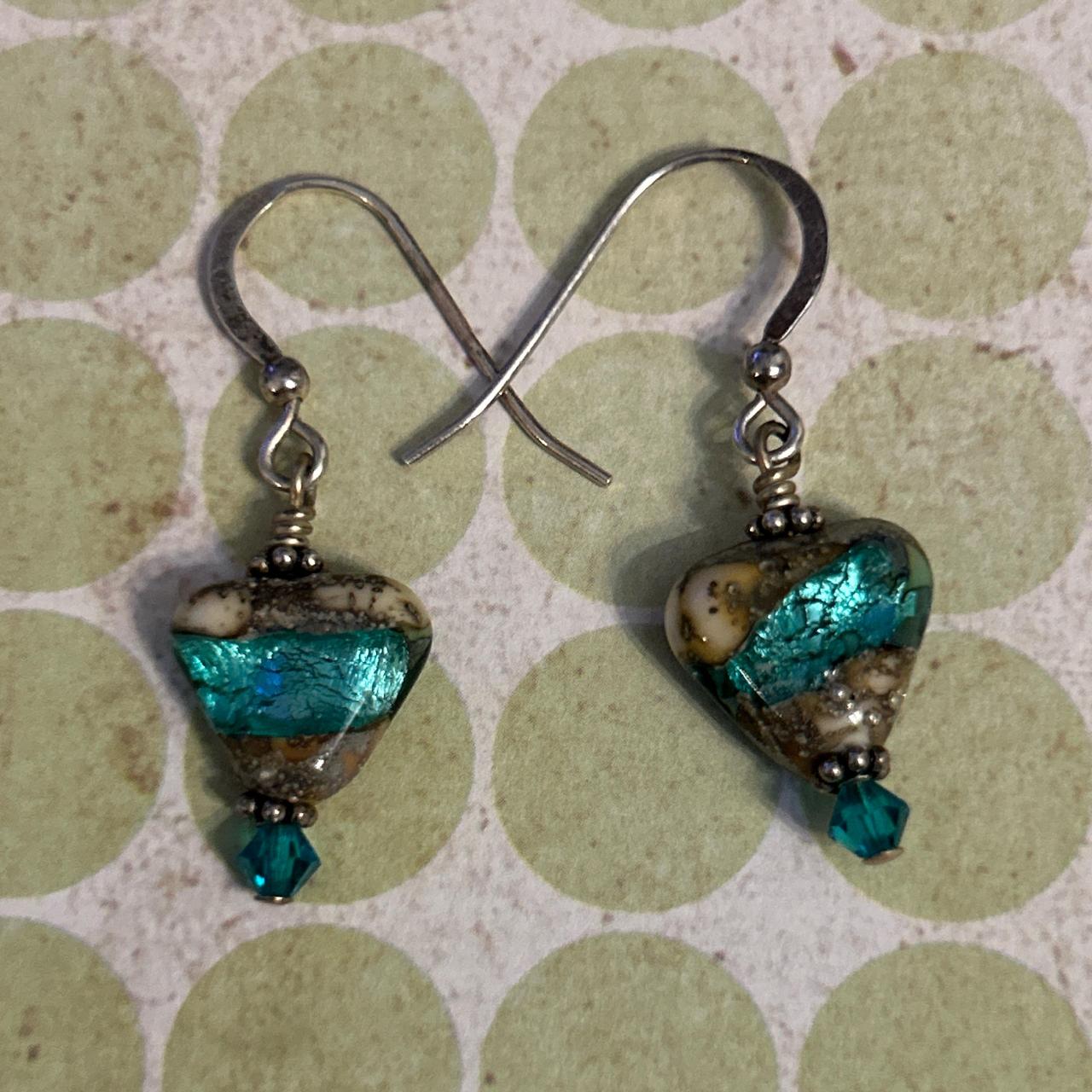 Turquoise glass heart bead earrings with silver... - Depop