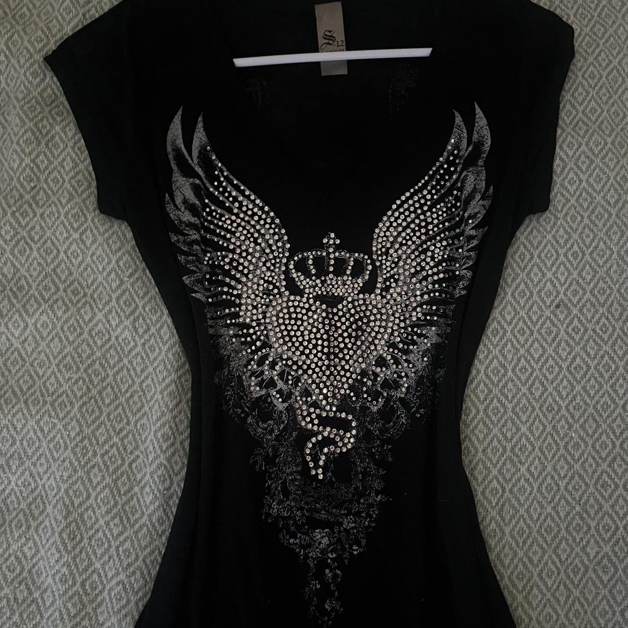 Black rhinestone top with wing detail on the... - Depop