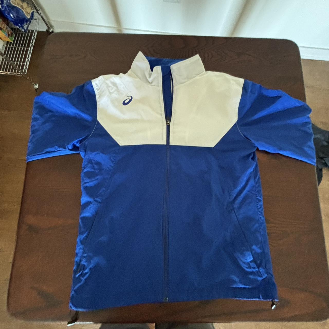 ASICS blue and white windbreaker jacket - Depop