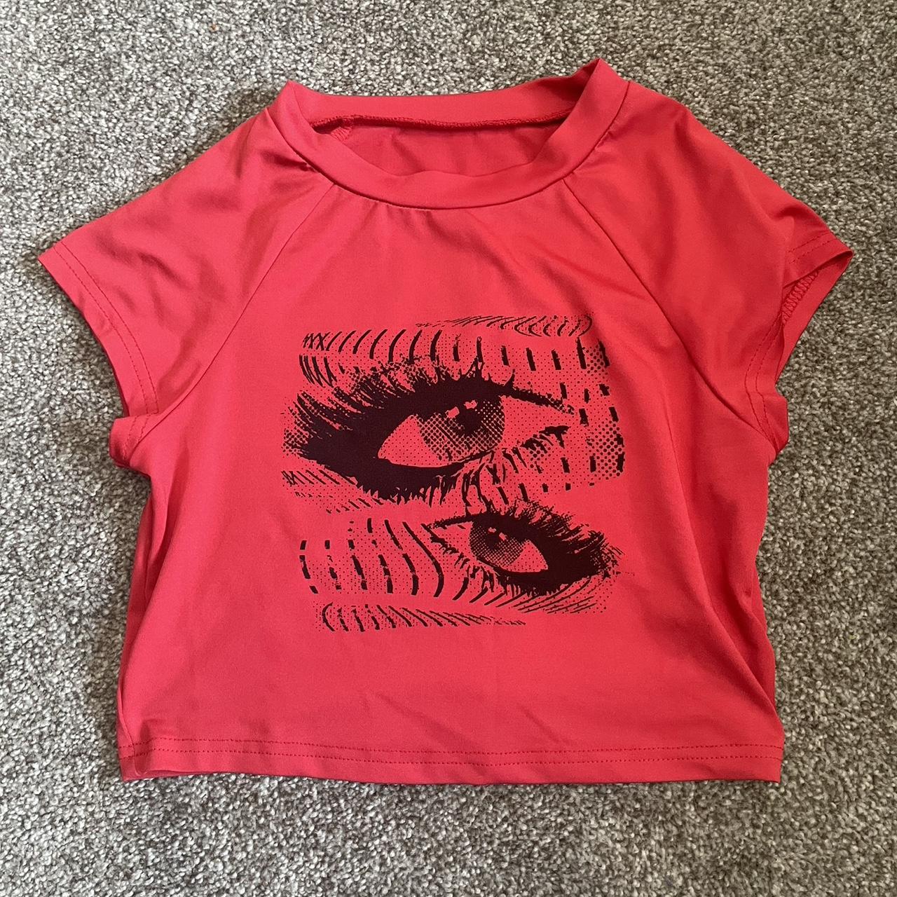 Red SHEIN crop top with cute eye design I’ve had it... | Depop