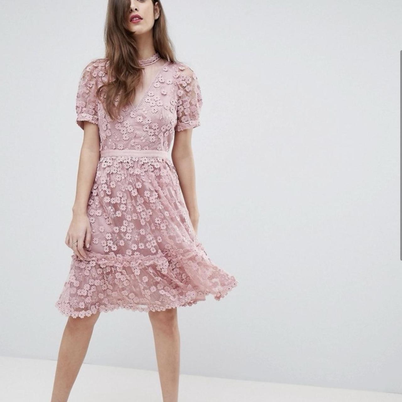 French Connection Pink Floral Lace Applique Midi... - Depop