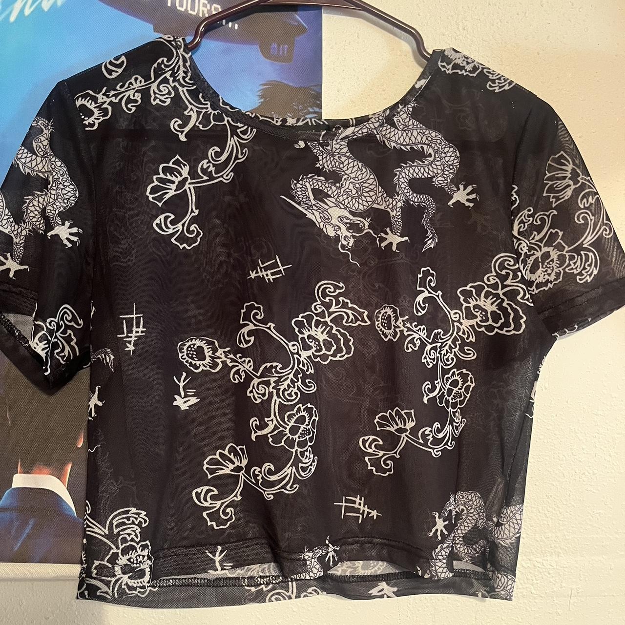 Black and white dragon mesh top - Depop