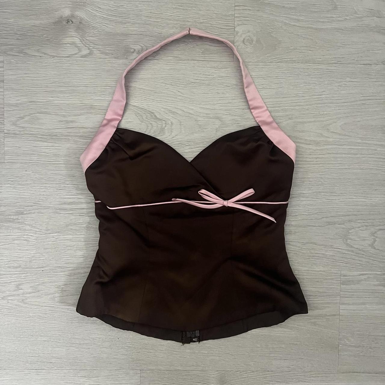 Brown and pink halter top with a cute bow detail on... - Depop